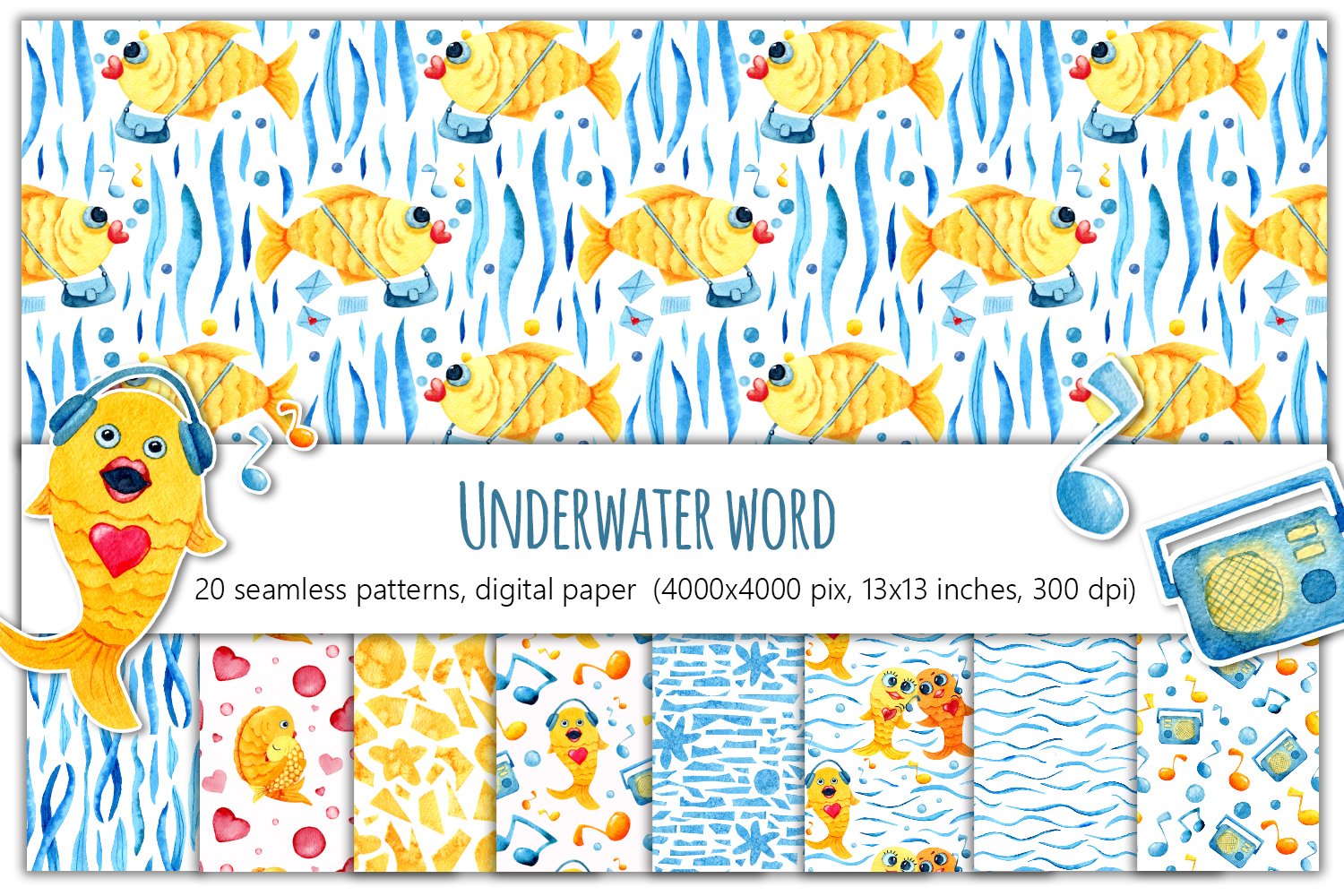 Digital paper kraft Undersea world. Childrens character gold (1145171 ...