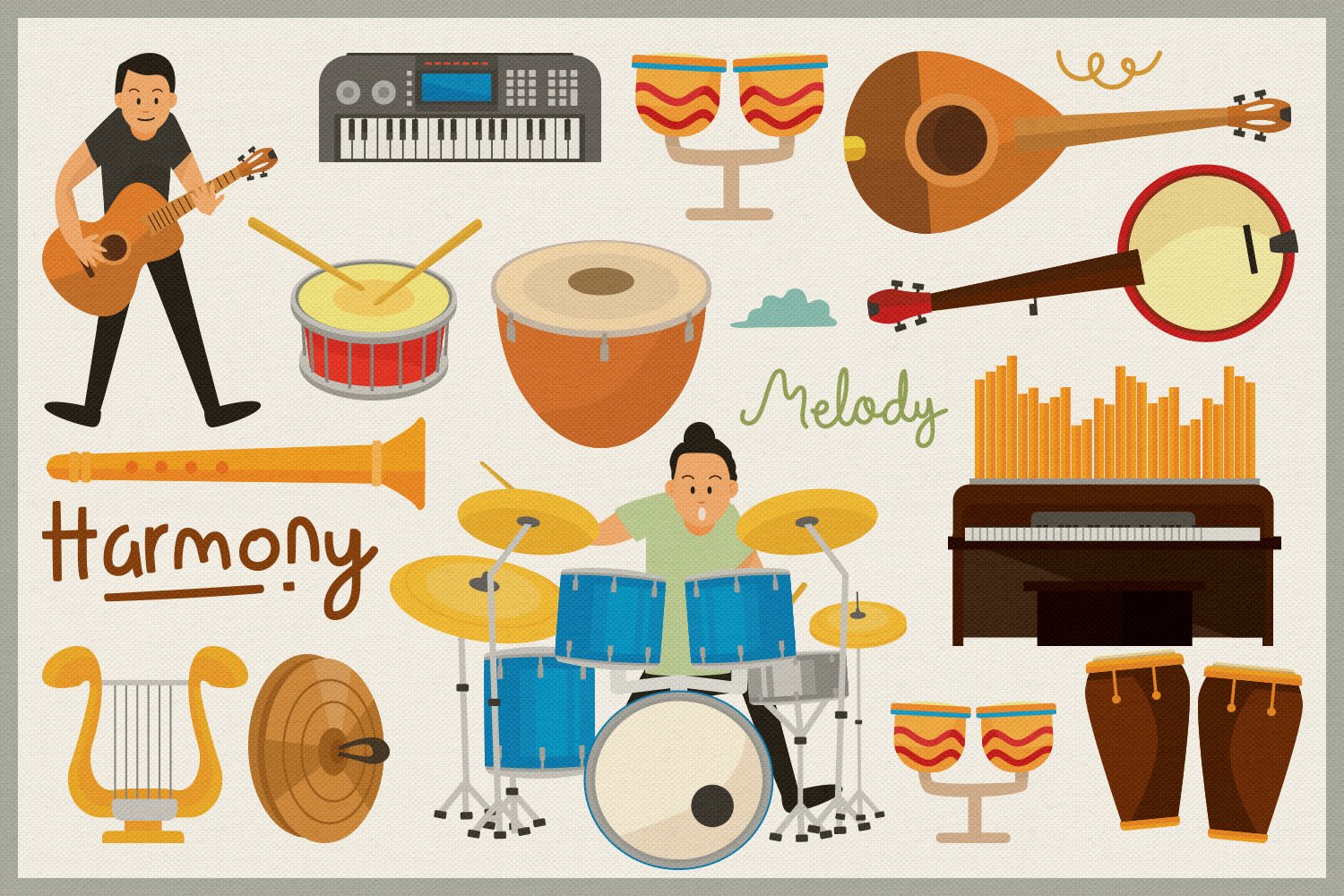 Musical Instrument Vector Clipart and Seamless Pattern