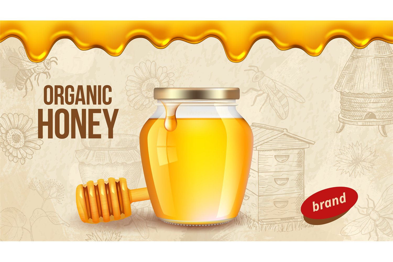 Farm honey. Ad placard template with realistic honey, health (1236101 ...