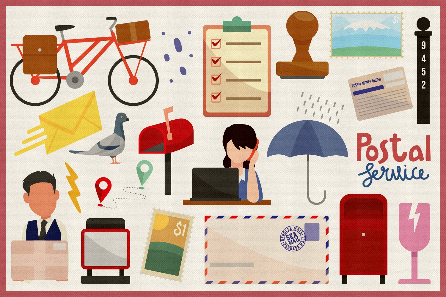 Postal Service Vector Clipart and Seamless Pattern