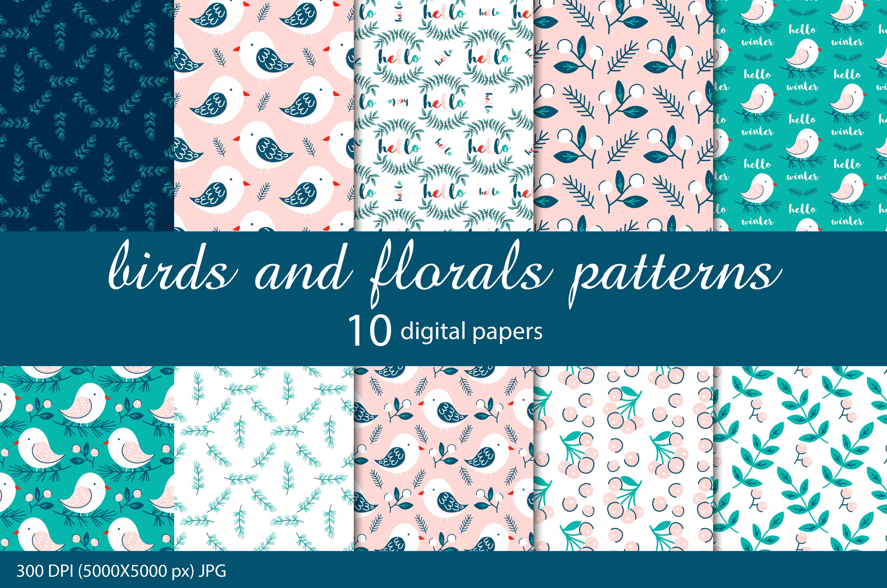Seamless cartoon birds and leaves patterns in blue and pink (648511 ...