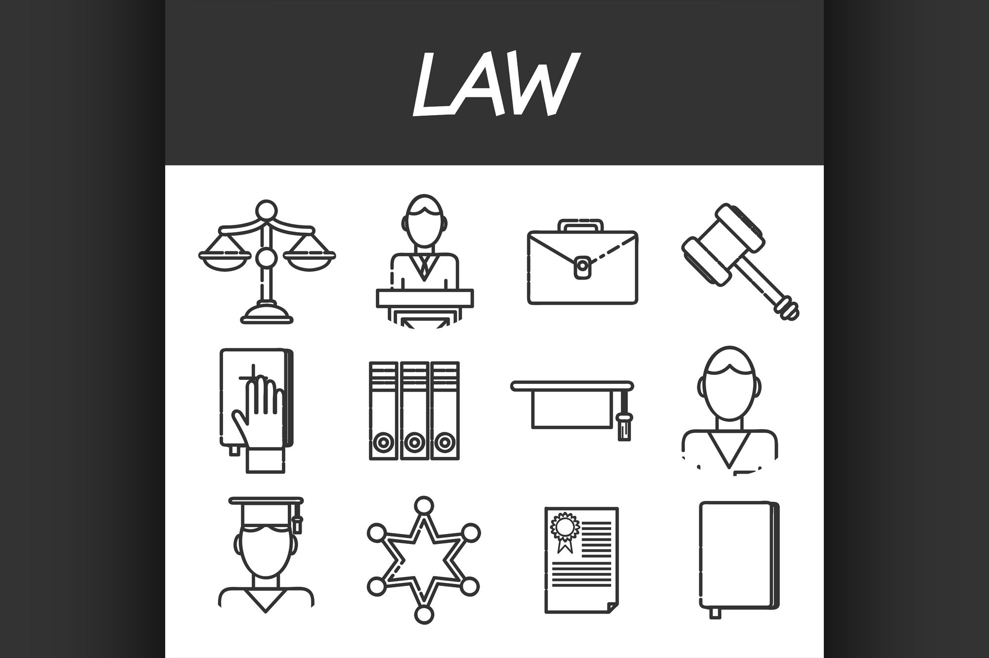 Law icons set (671684) | Illustrations | Design Bundles