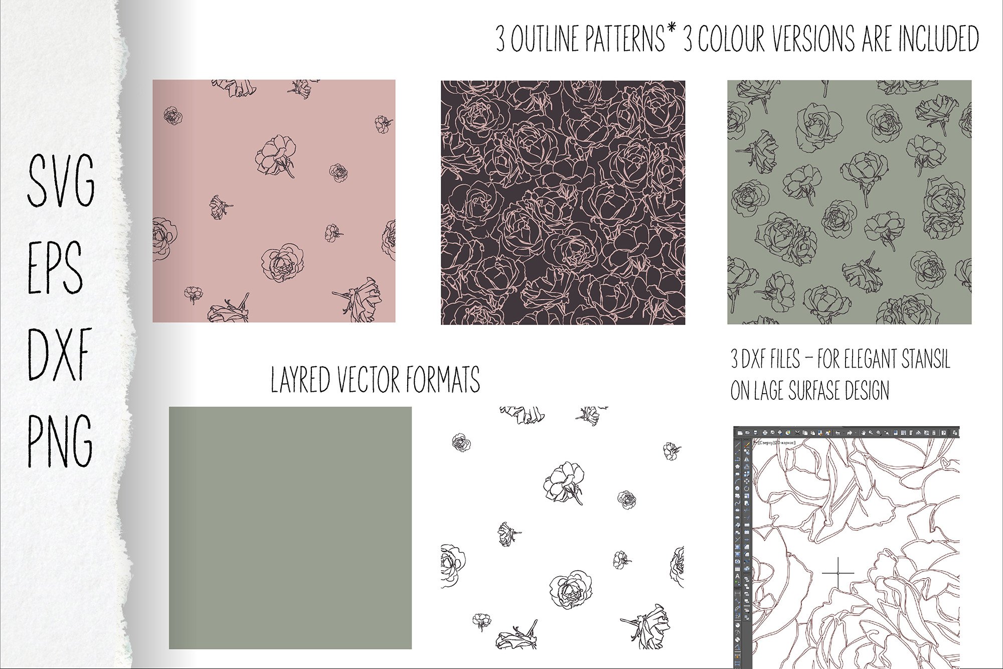 Seamless patterns svg bundle Roses colored and outline