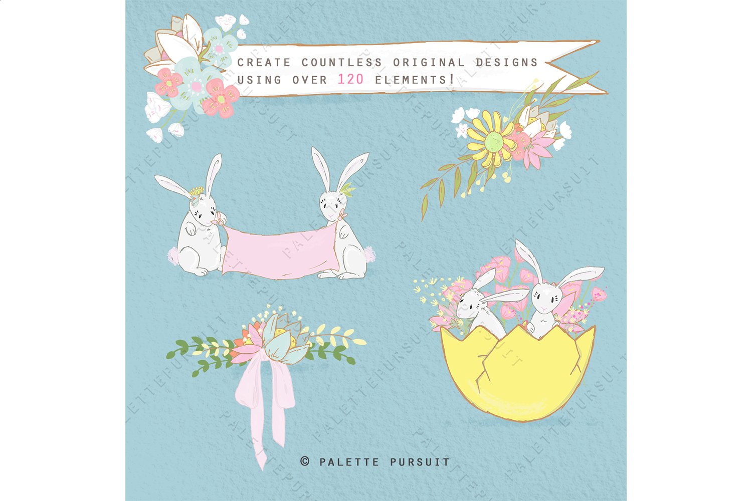 Spring bunnies and flowers clip art (234566) | Illustrations | Design ...