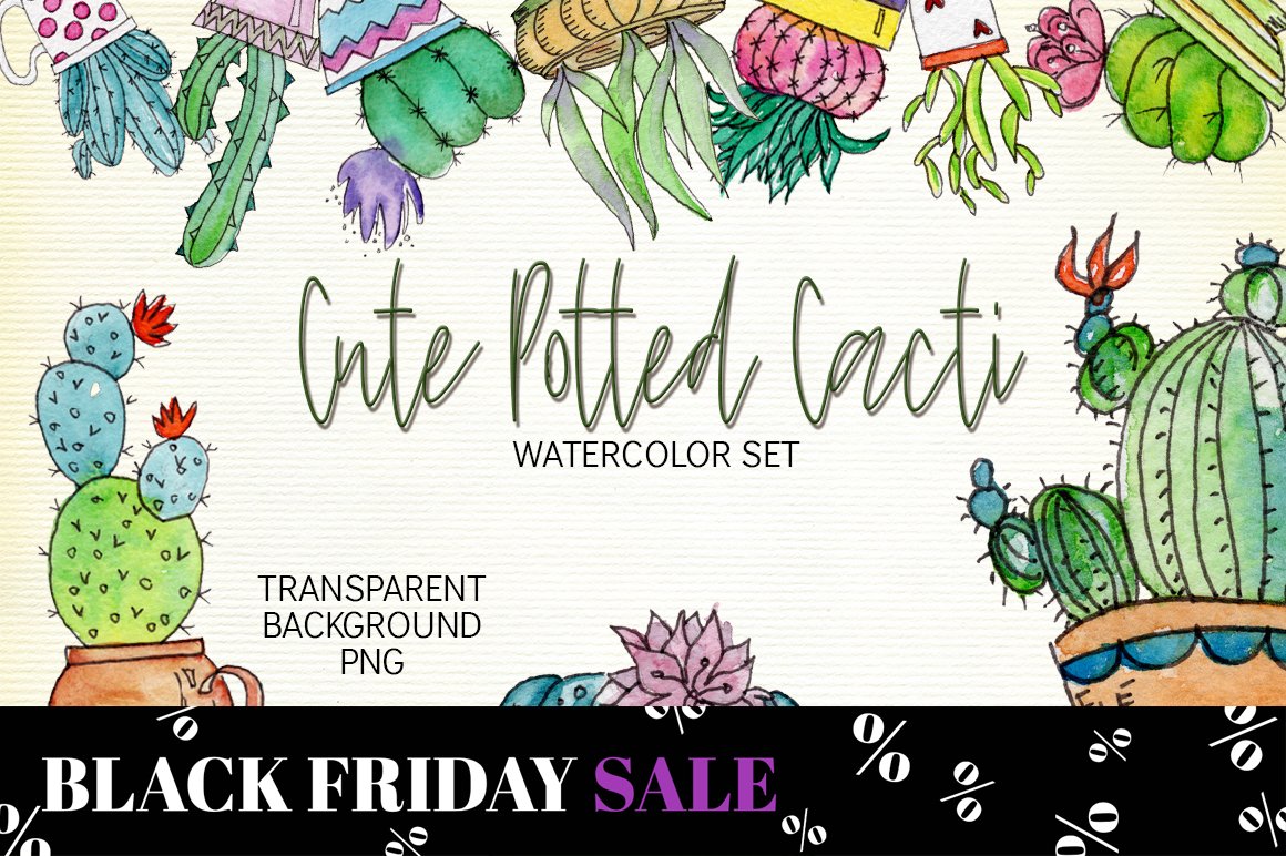 Watercolor Cute Potted Cacti Set (514755) | Illustrations | Design Bundles