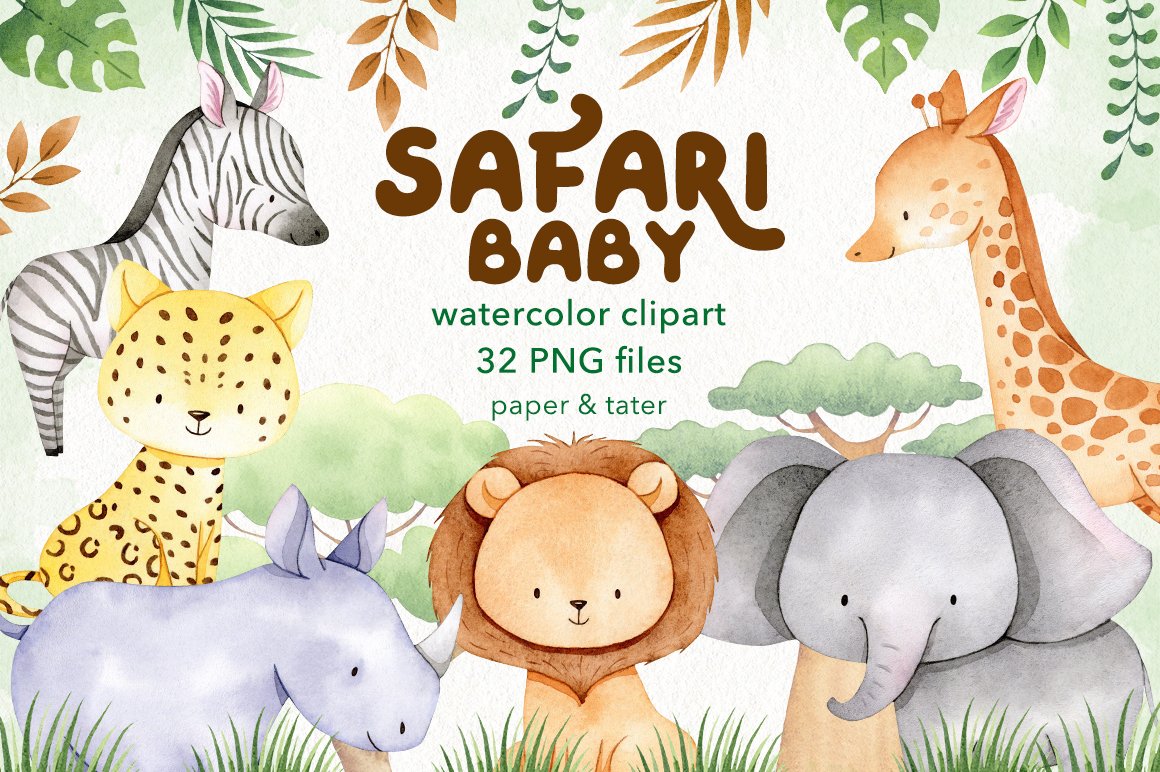 Watercolor Safari Baby Animals Clipart Graphics (714518 ...