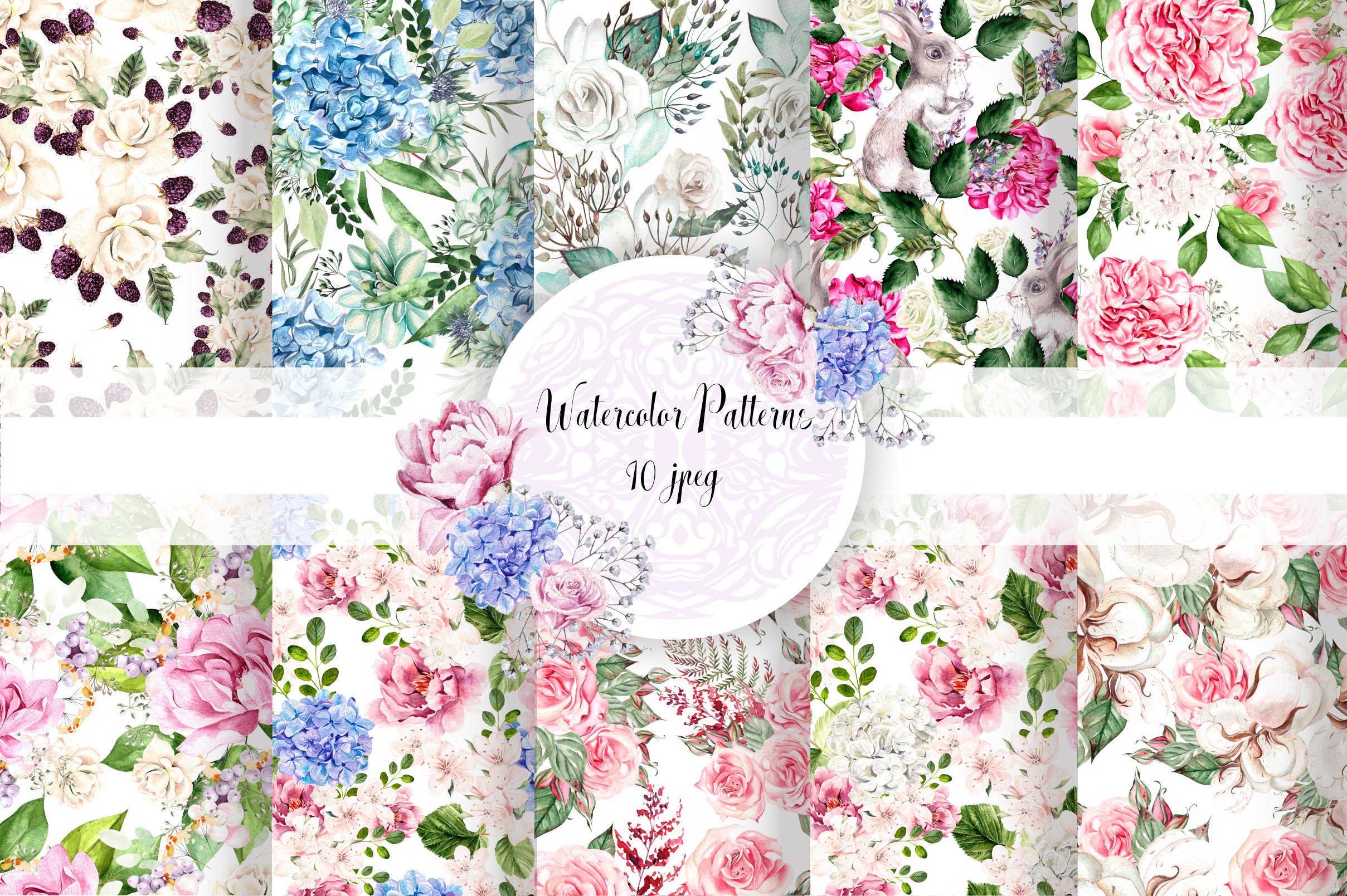 10 Hand Drawn Watercolor patterns (1238256) | Patterns | Design Bundles
