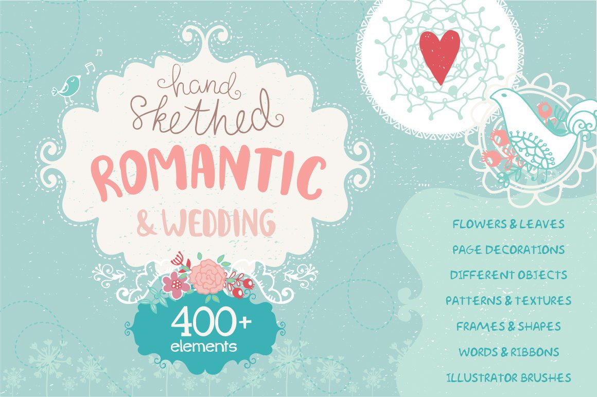 Romantic & Wedding Hand Drawn Set (11454) | Illustrations | Design Bundles