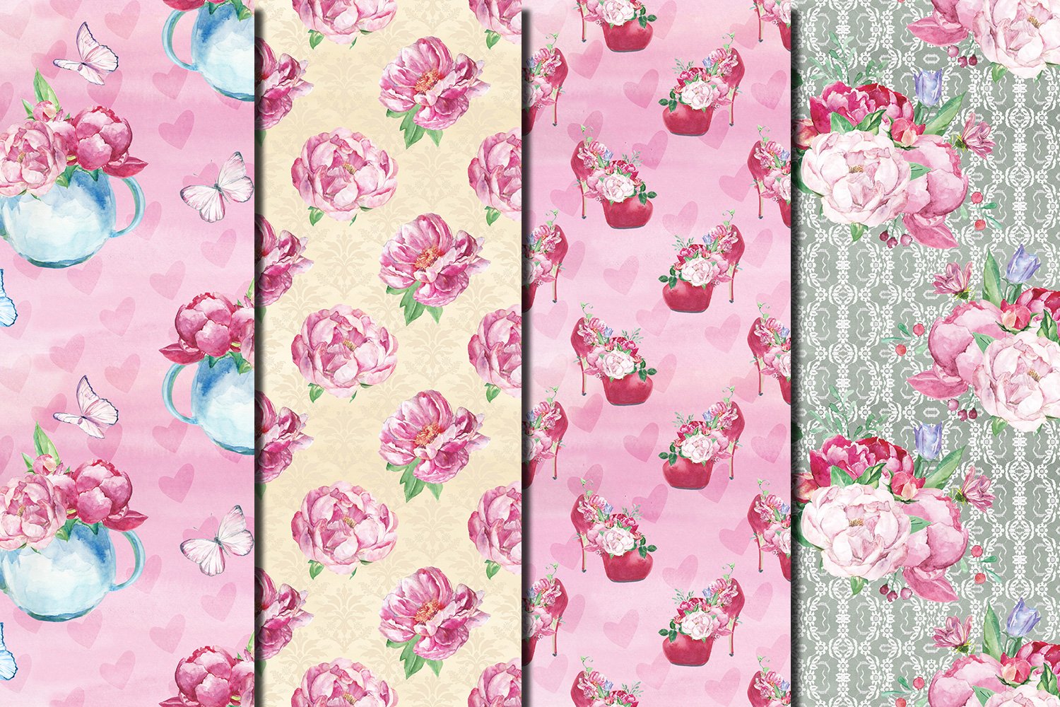 Watercolor Romantic Bouquet seamless digital paper pack (24196 ...