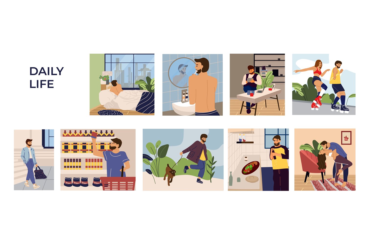 Man activities scenes. Cartoon hand drawn young man characte (1348305 ...