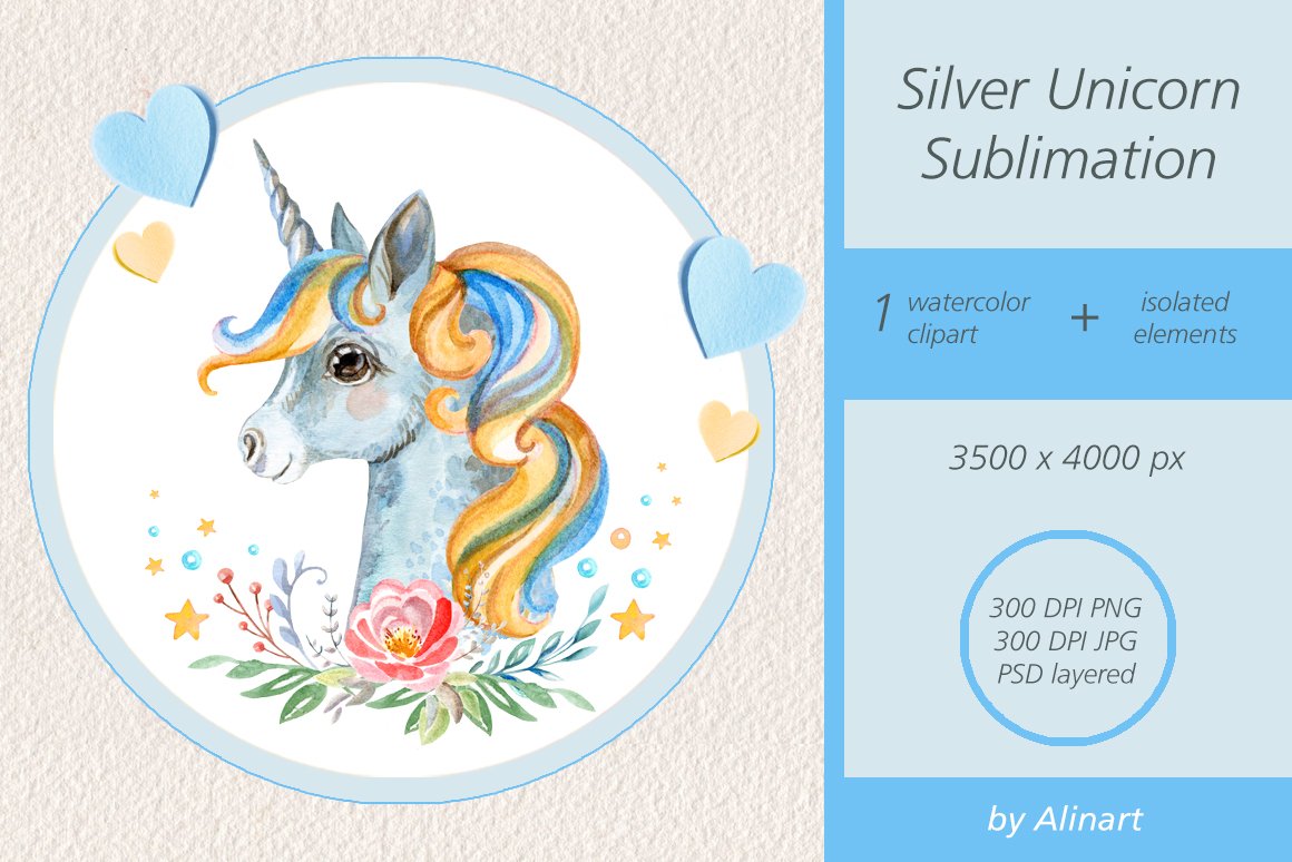 Watercolor Silver Unicorn sublimation (1782692) | Illustrations ...