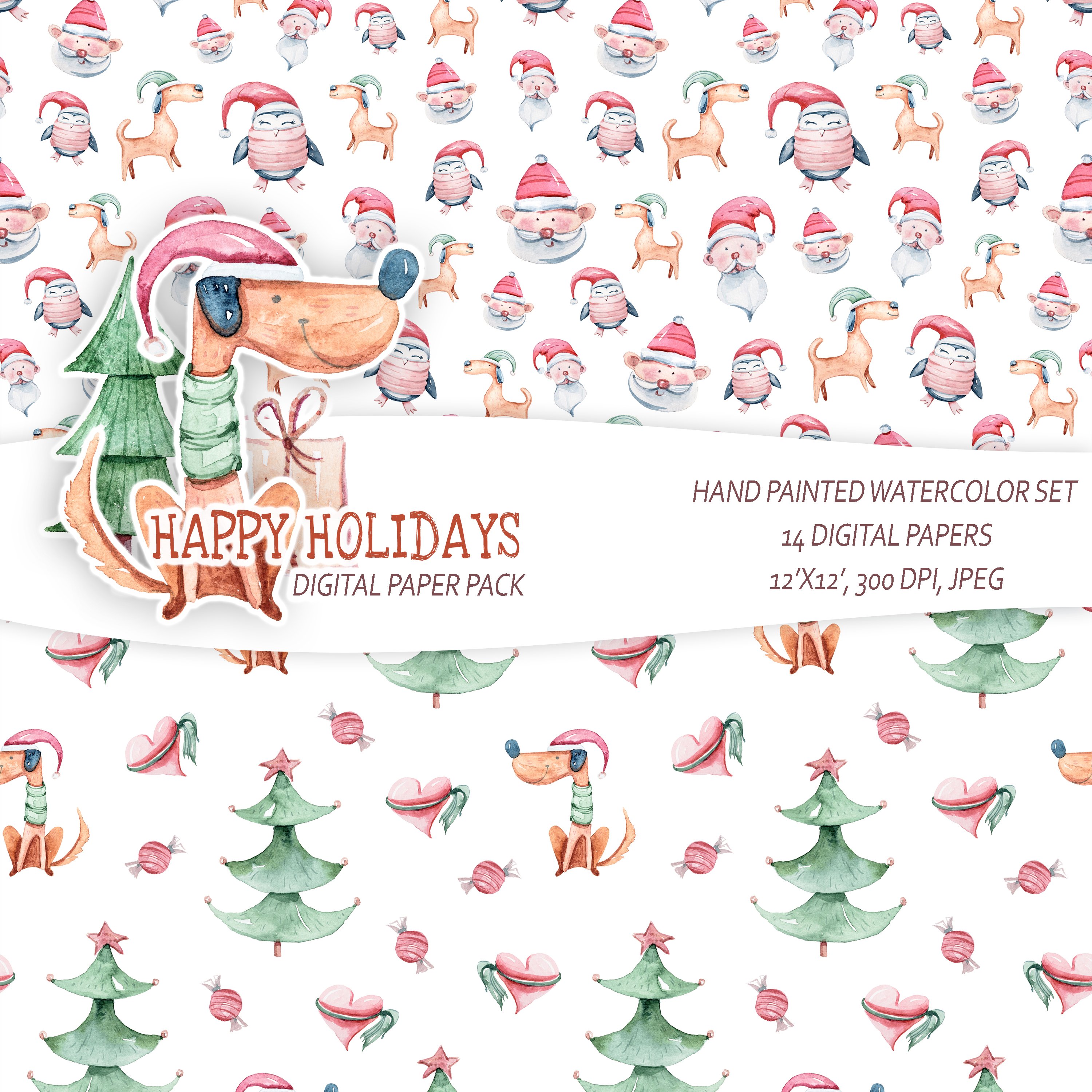 Watercolor Christmas seamless patterns. Digital paper pack (657010 ...