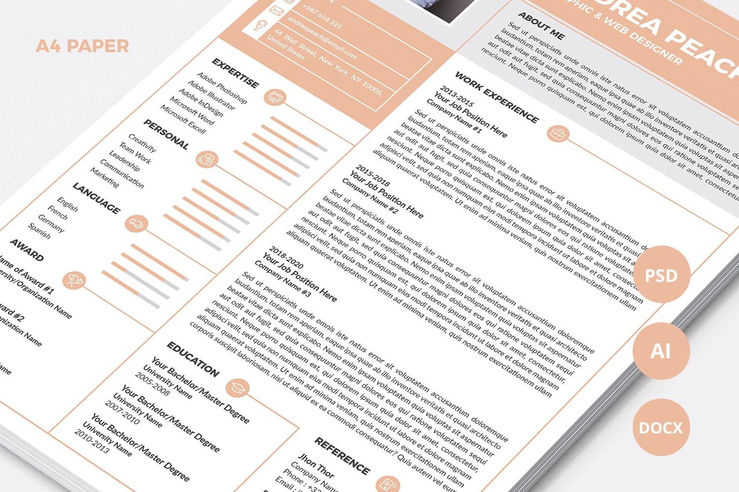 Peach Resume / CV (690431) | Resume Templates | Design Bundles