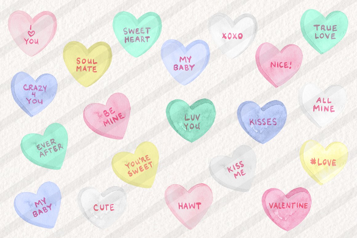Watercolor Candy Hearts Set (411217) | Illustrations | Design Bundles