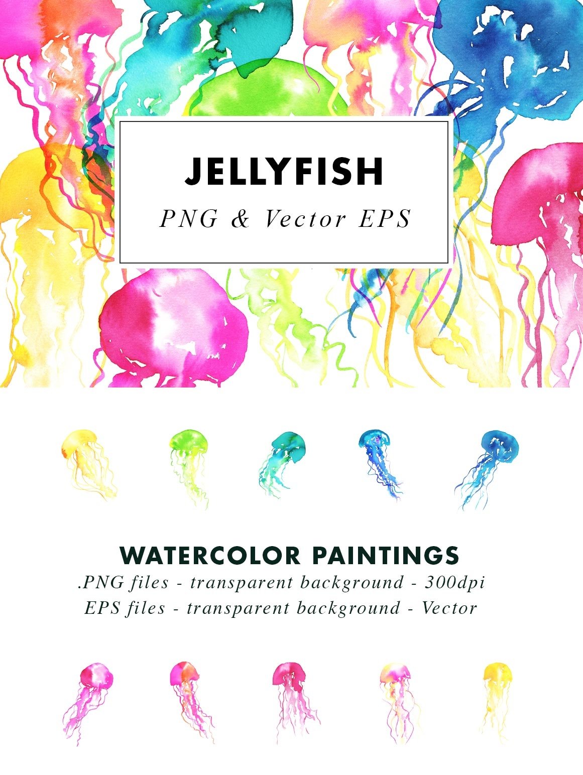 Watercolor JellyFish Illustration Clip Art in PNG & EPS