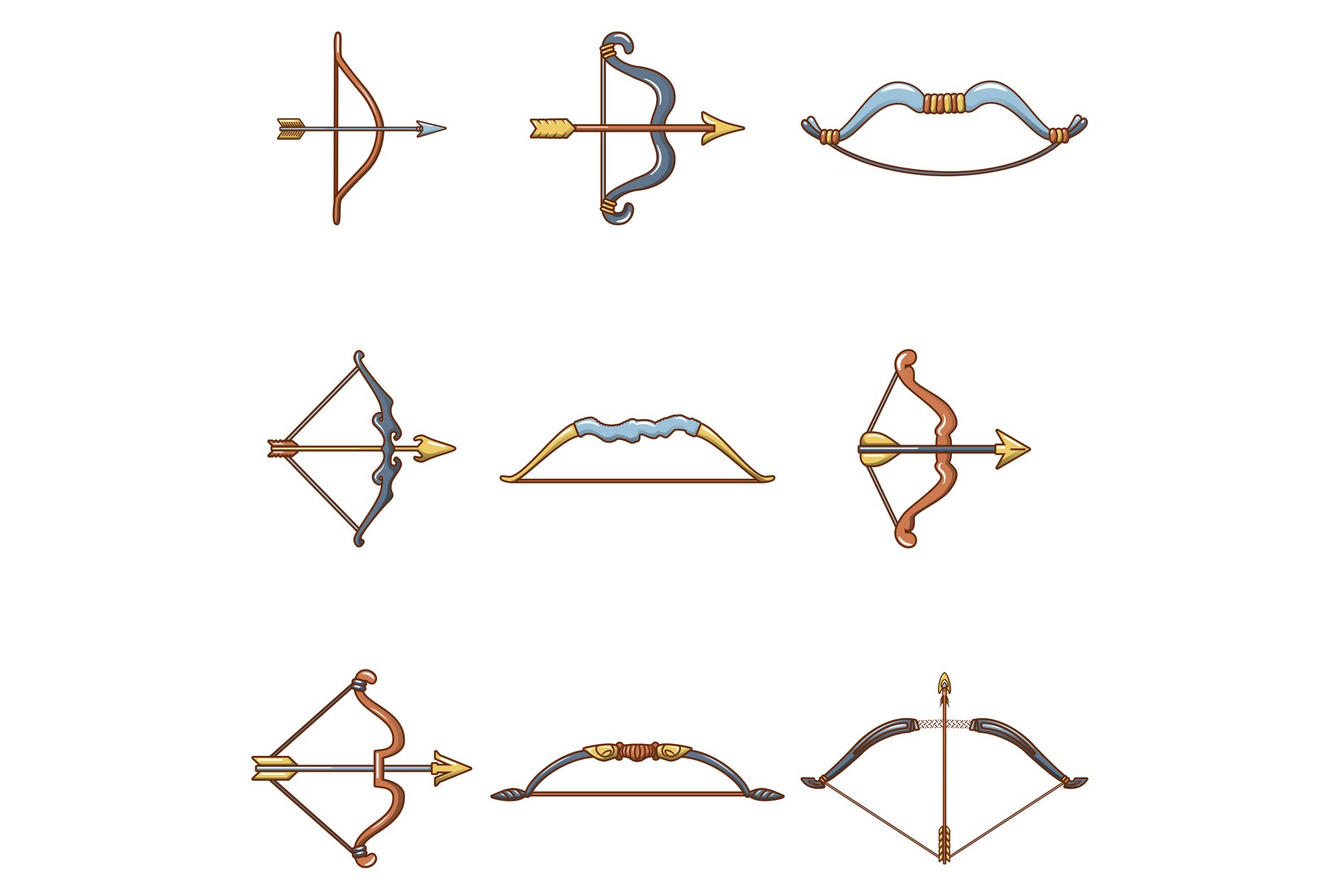 Bow arrow weapon icons set, cartoon style (491480) | Icons | Design Bundles