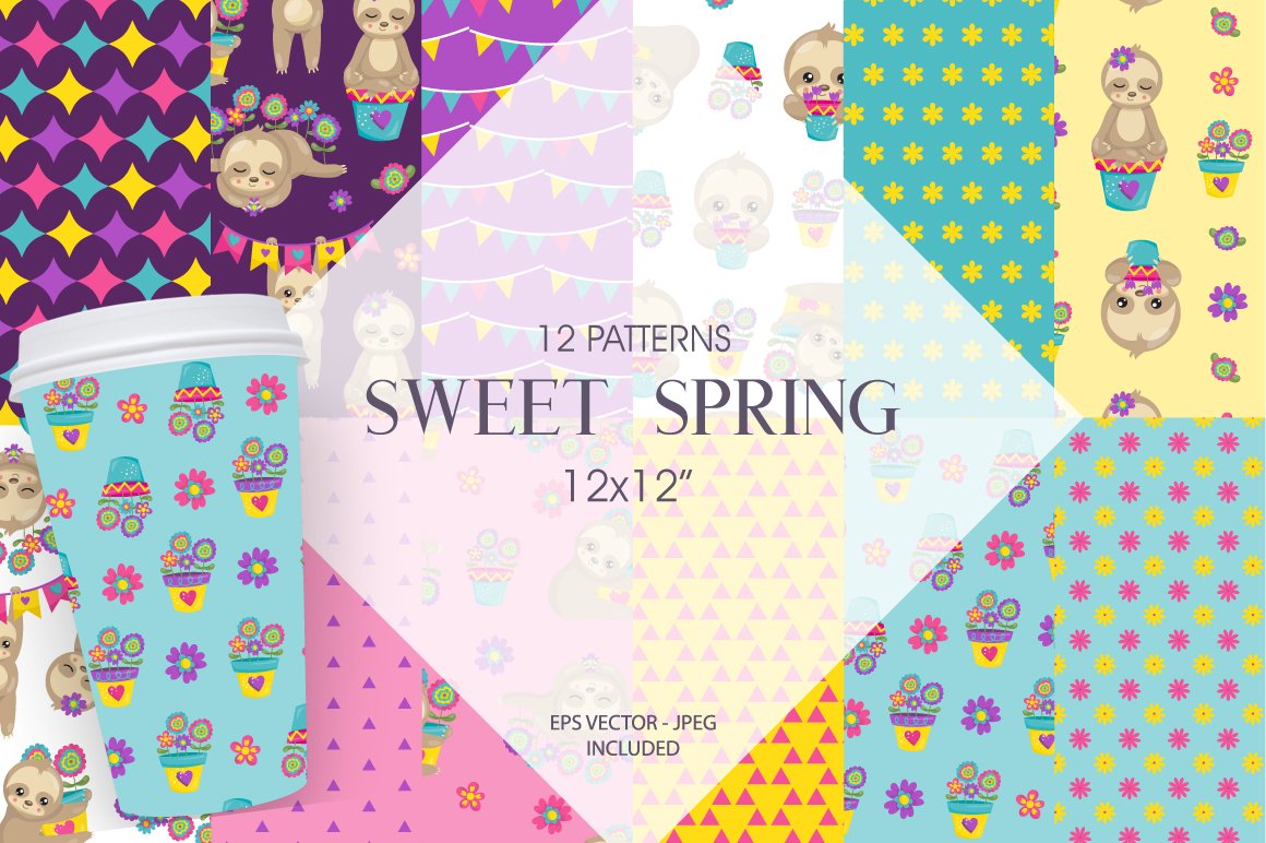 Sweet Spring Sloths Patterns and illustrations, vector