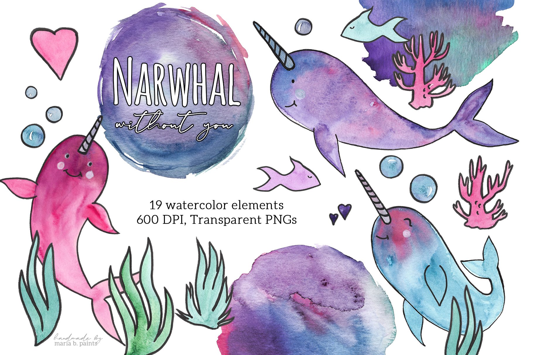 Narwhal without you Watercolor Clipart Illustration Set