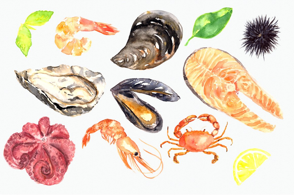Watercolor Seafood Clip Art Set (48296) | Illustrations | Design Bundles
