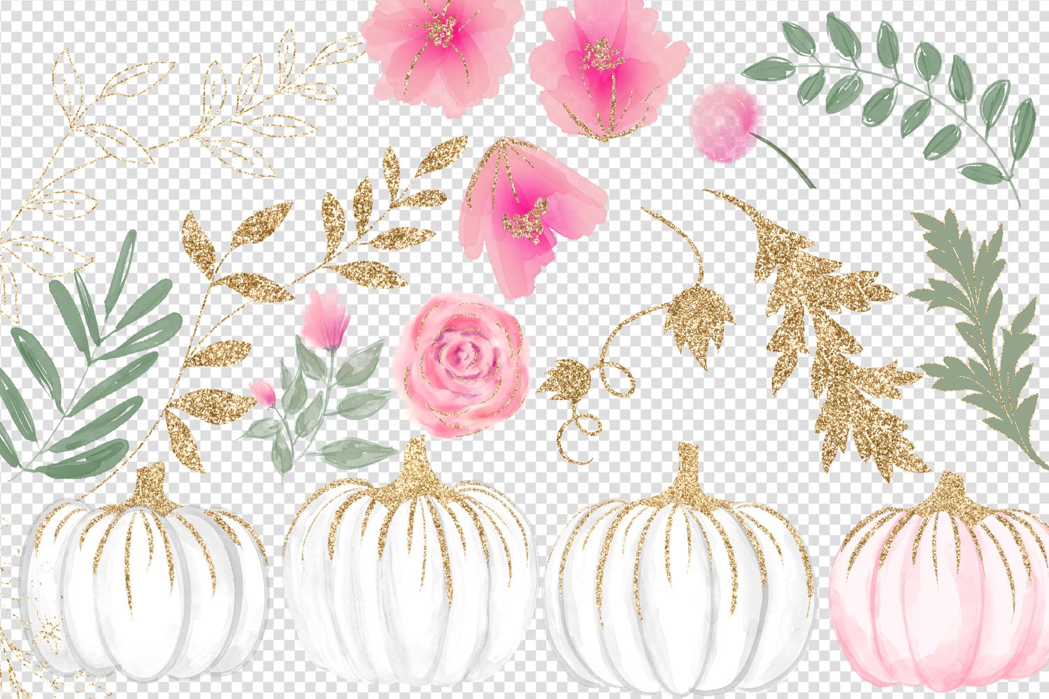 Pink White and Gold Watercolor Pumpkins Clipart (883495 ...