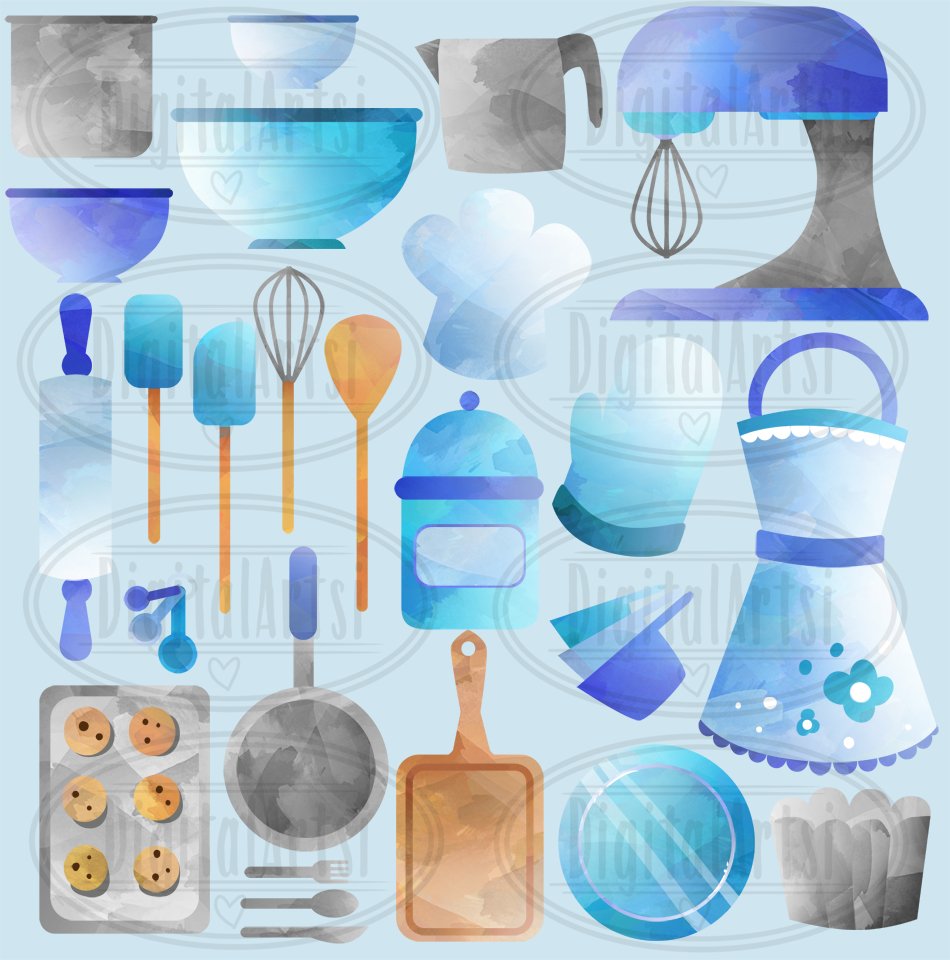 Watercolor Blue Cooking Supplies Clipart (182048) | Illustrations ...