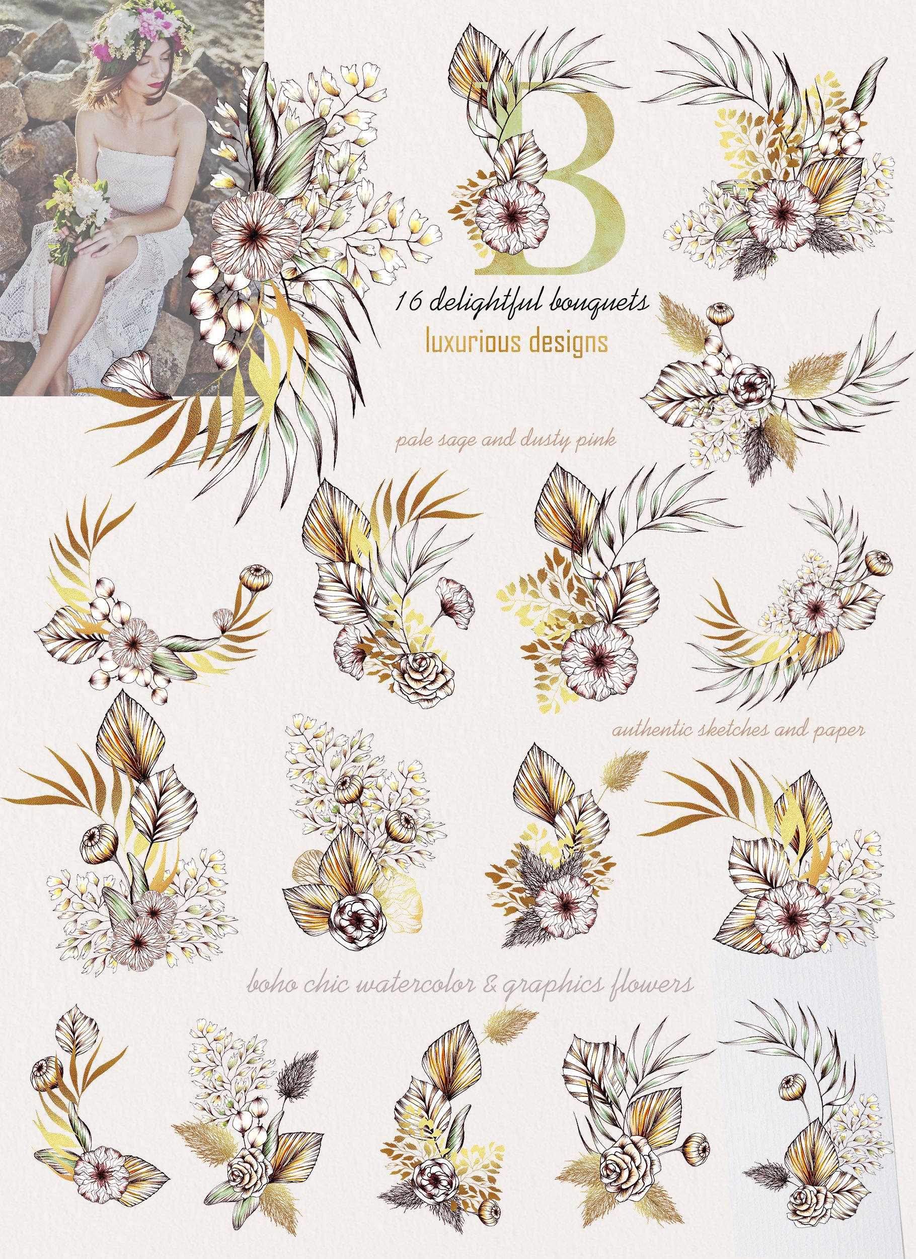 Gold & watercolor Floral alphabet, monograms, graphic bundle (536853 ...