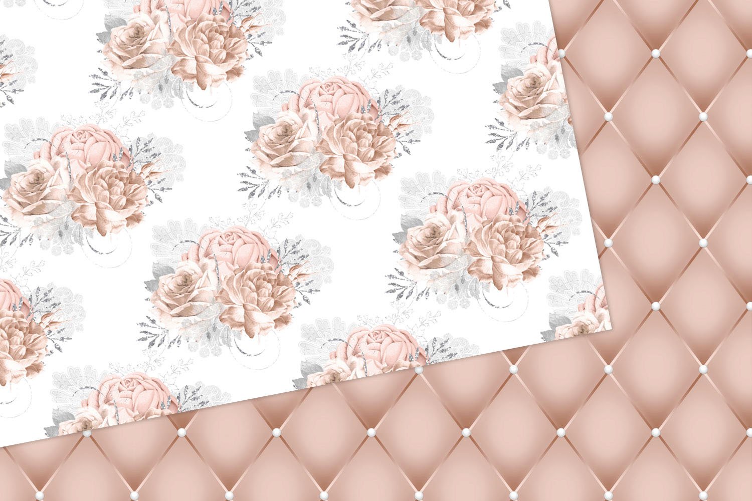 Peach and Silver Floral Digital Paper (585739) | Patterns | Design Bundles