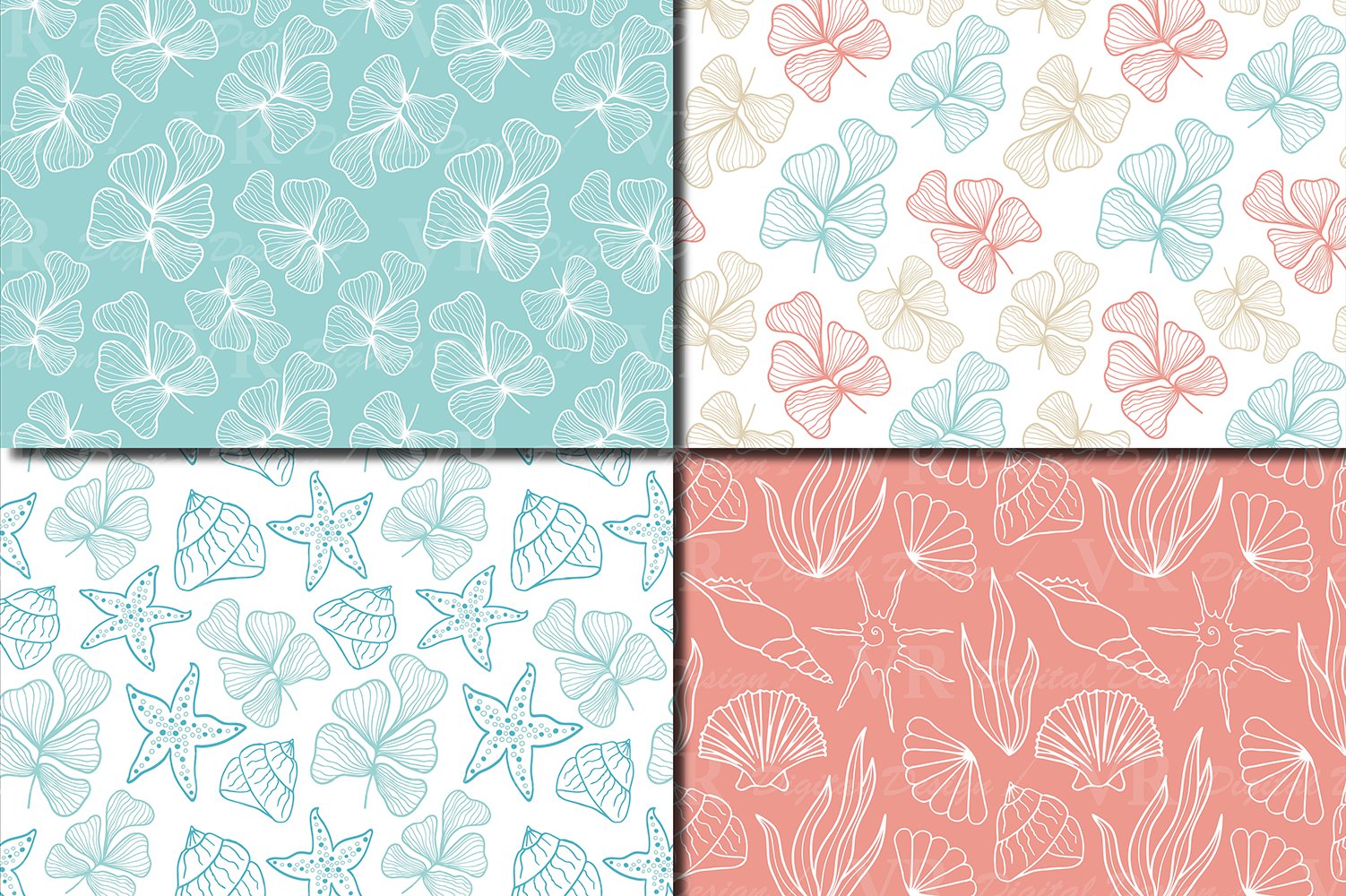 Sea life seamless patterns / Ocean hand drawn digital papers (260561 ...
