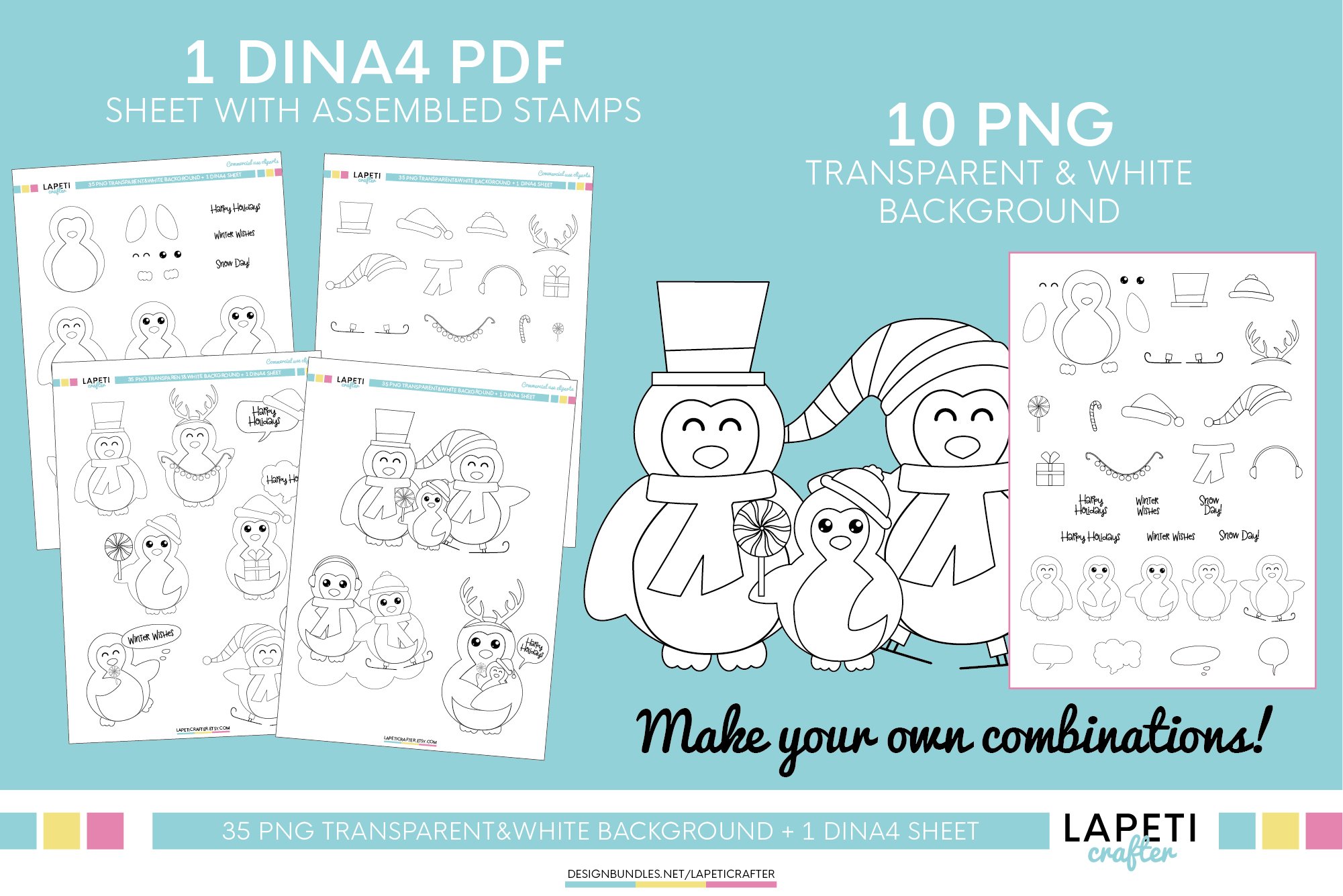 Penguin digital stamp, Christmas animal png coloring clipart (981299 ...