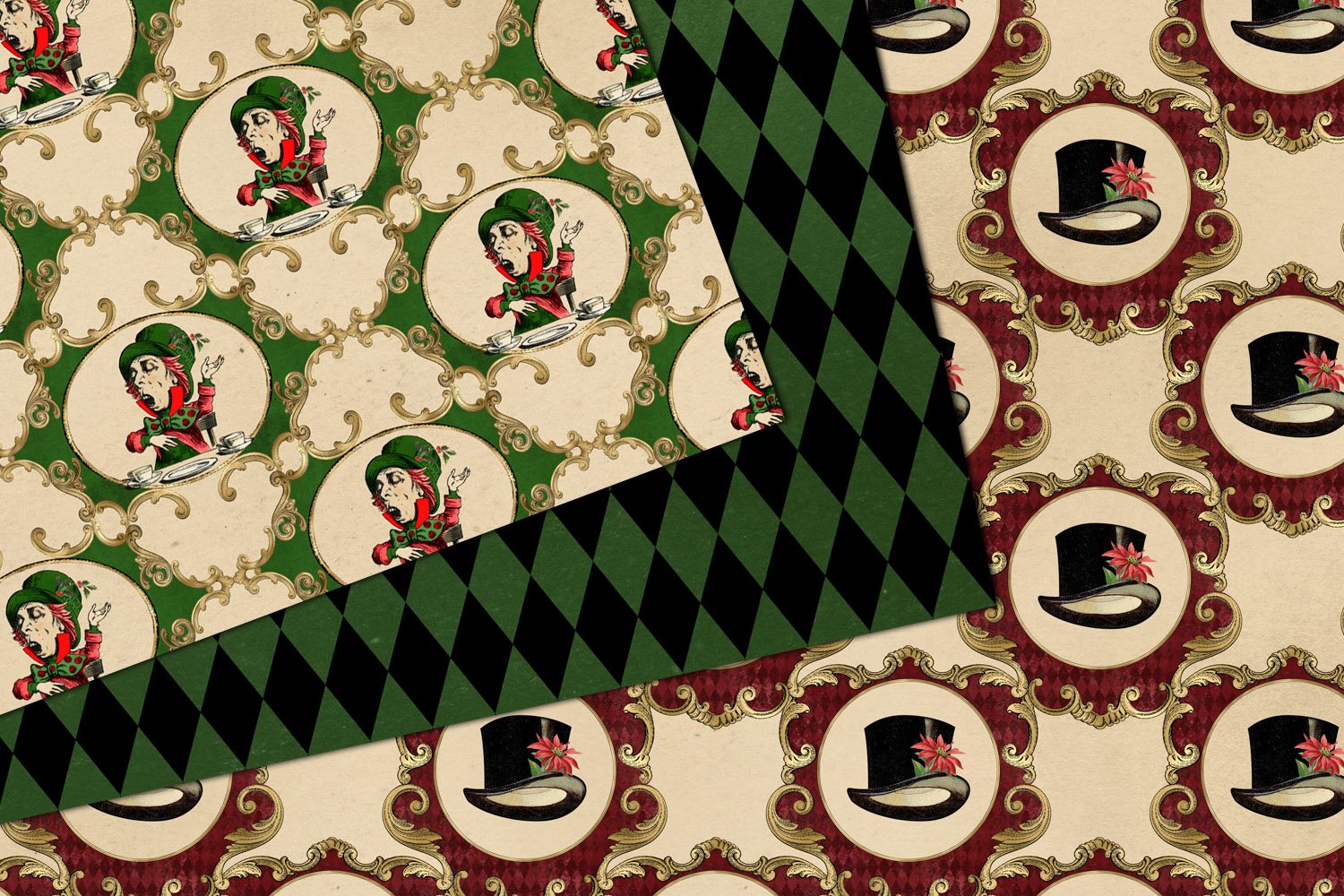 Christmas Alice In Wonderland Digital Paper (365419) | Illustrations ...