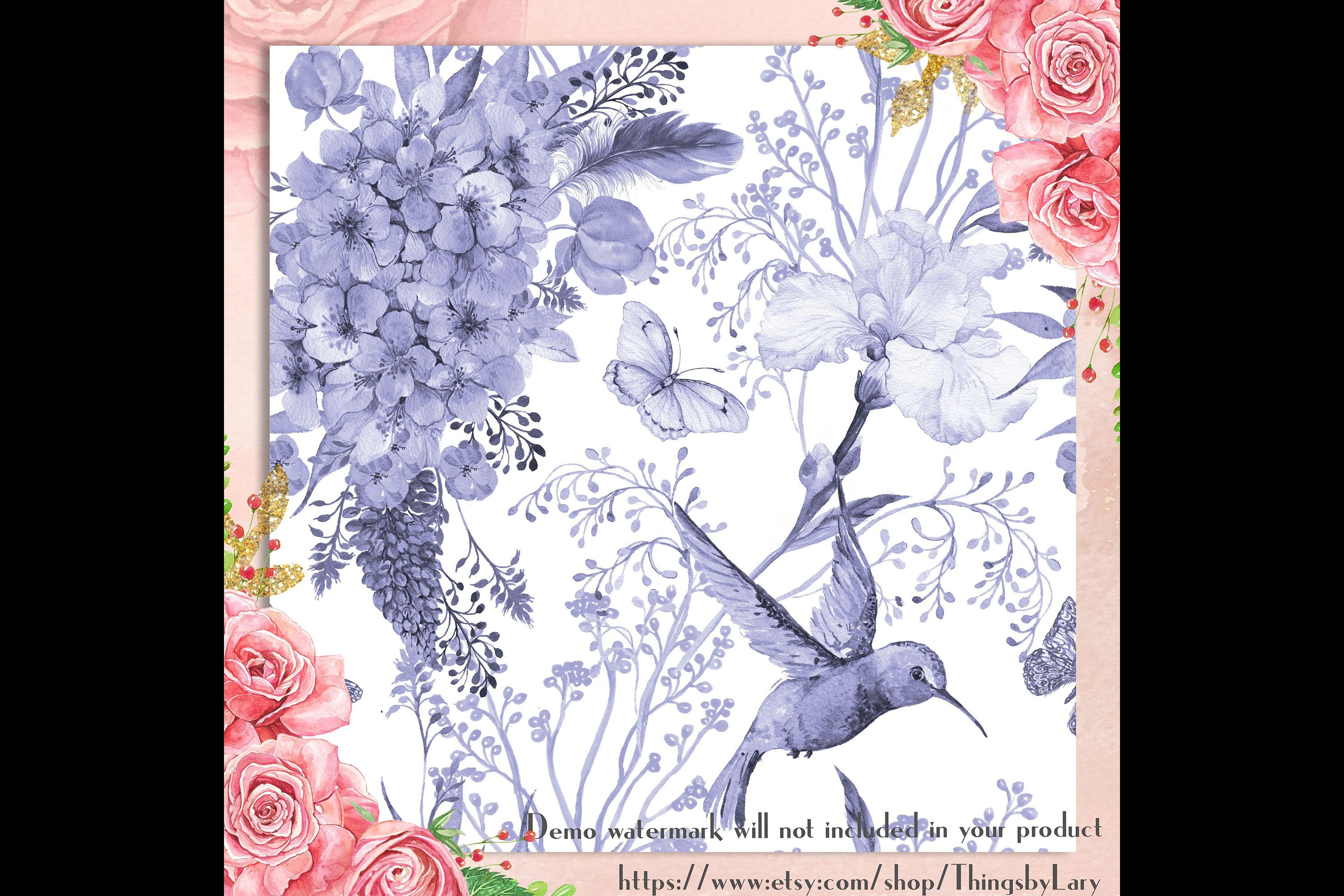 100 Seamless Watercolor Bird and Flower Digital Papers (135561 ...