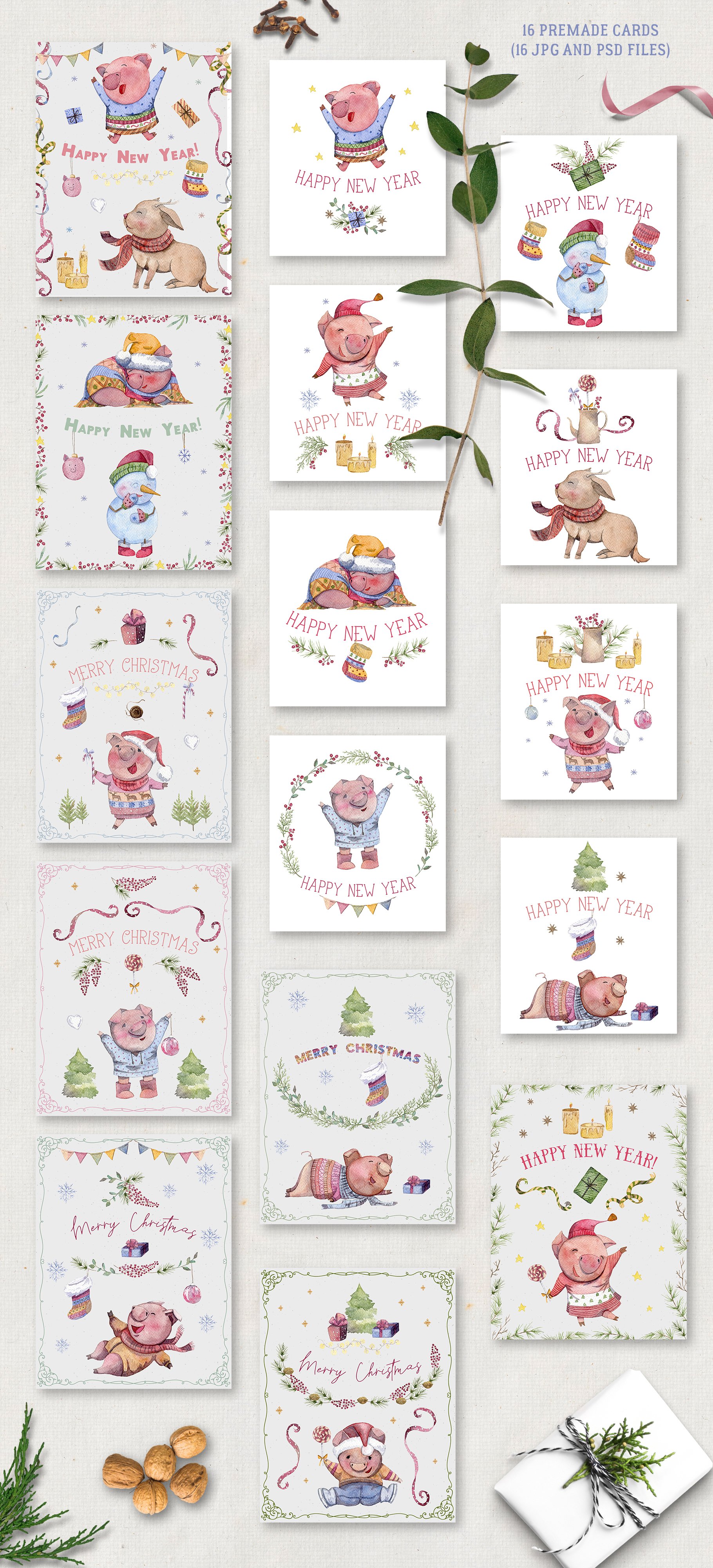 Merry pigsmas. Watercolor collection (136957) | Illustrations | Design ...