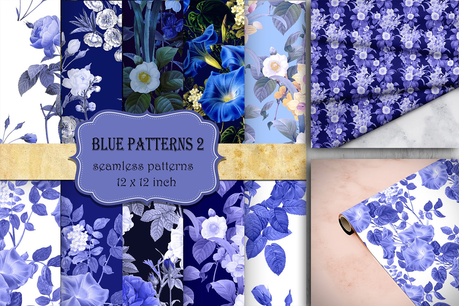 Blue Floral Digital Paper, seamless backgrounds with blue fl (1264245 ...