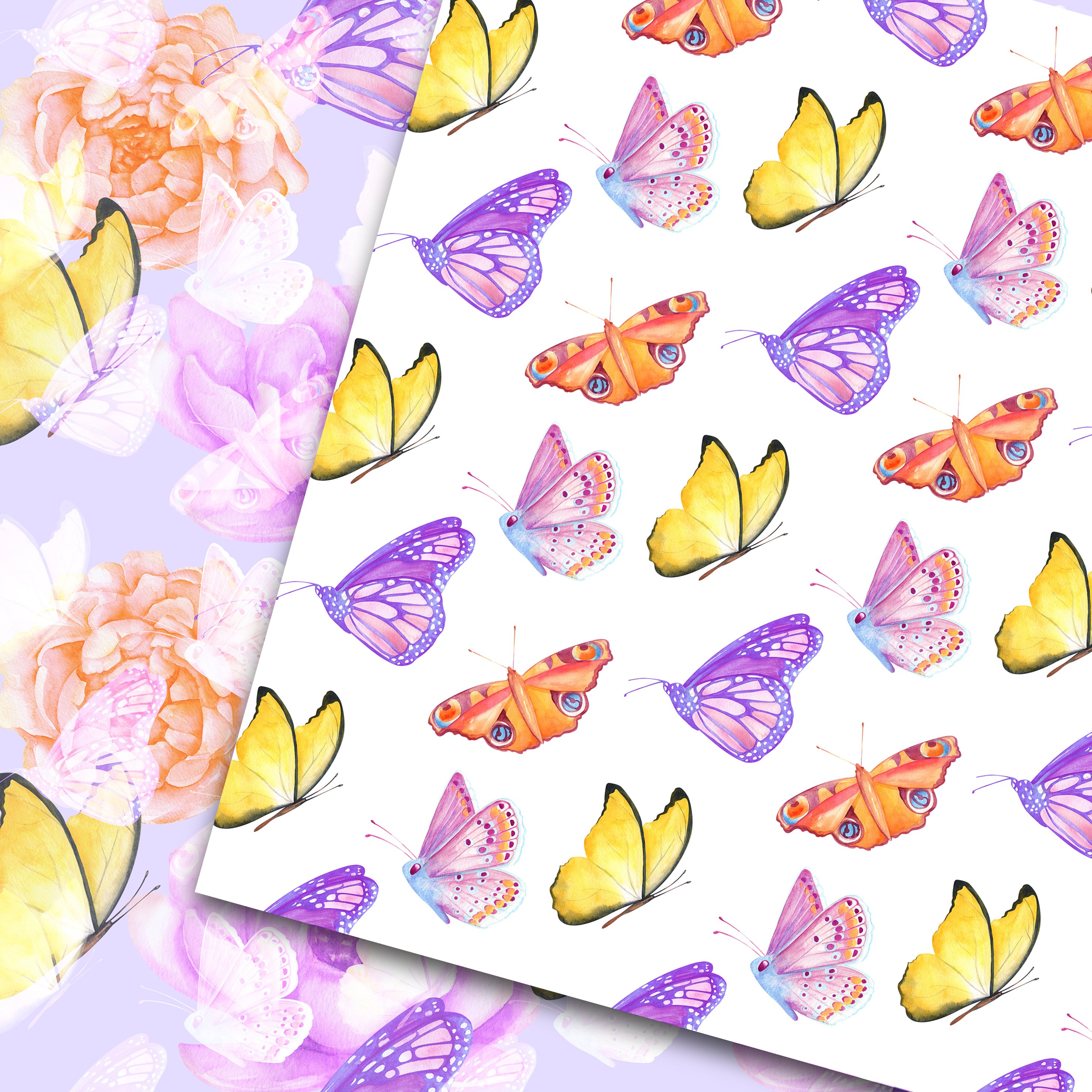 Watercolor flowers and butterflies digital paper pack (460738 ...