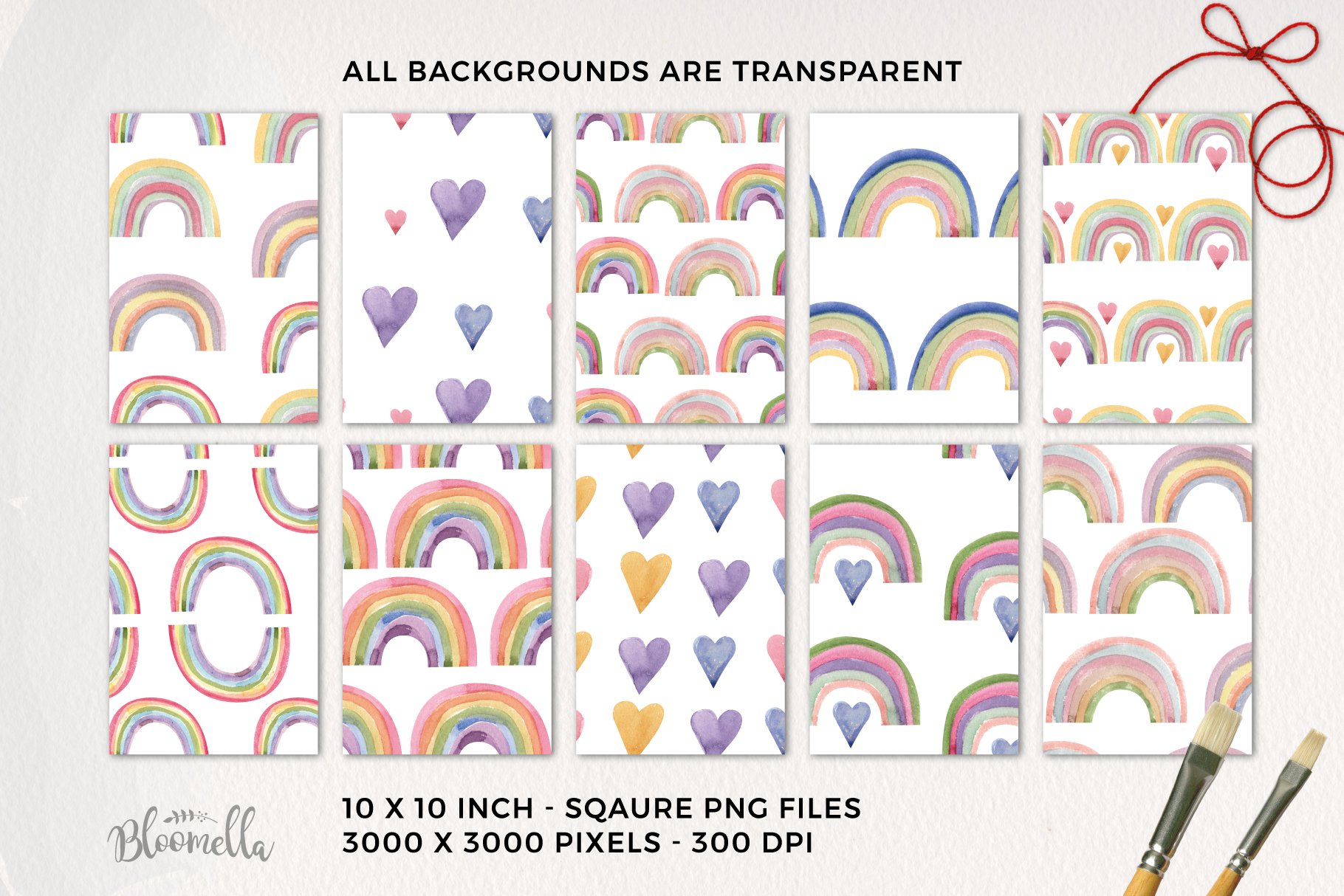 Rainbow Seamless Patterns Digital Paper Watercolor Hearts