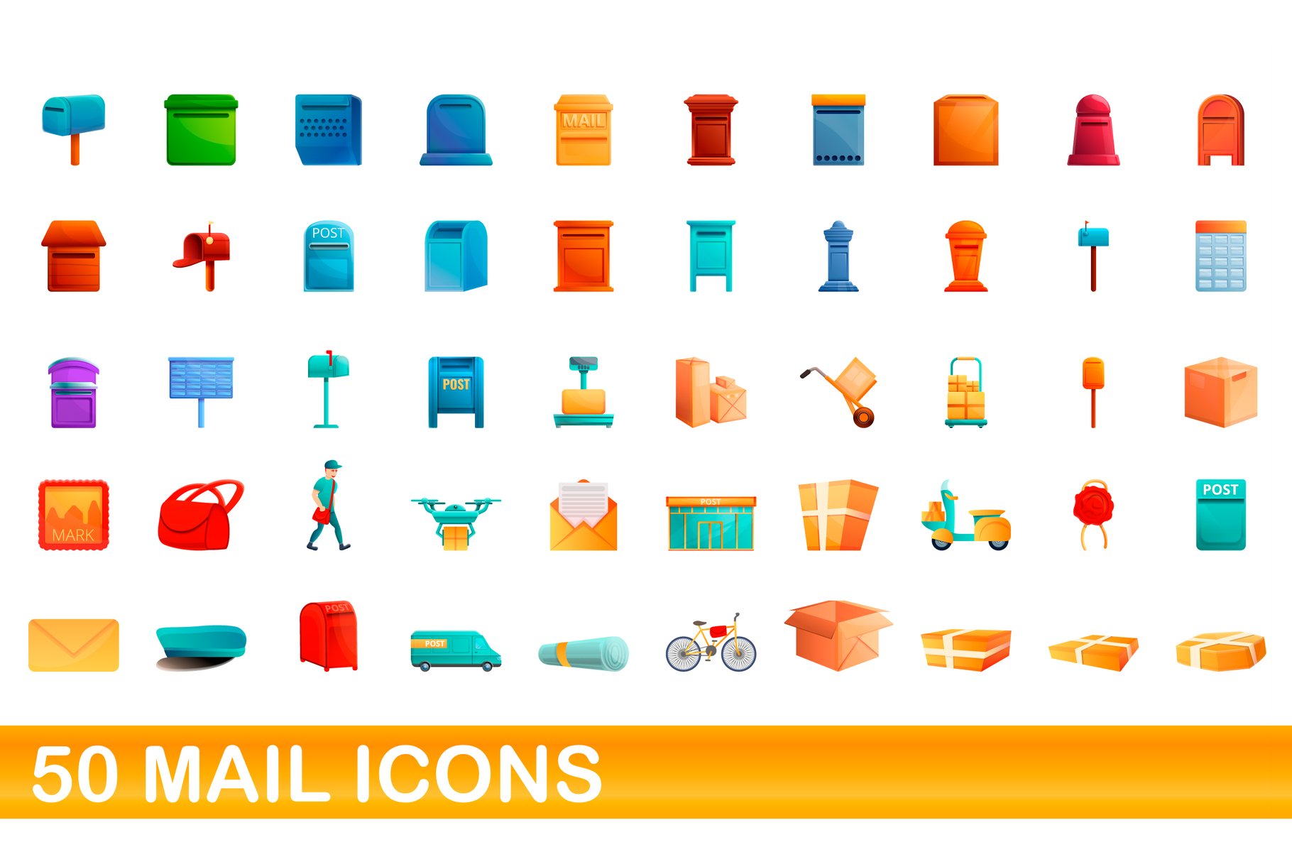 50 mail icons set, cartoon style (651357) | Illustrations | Design Bundles