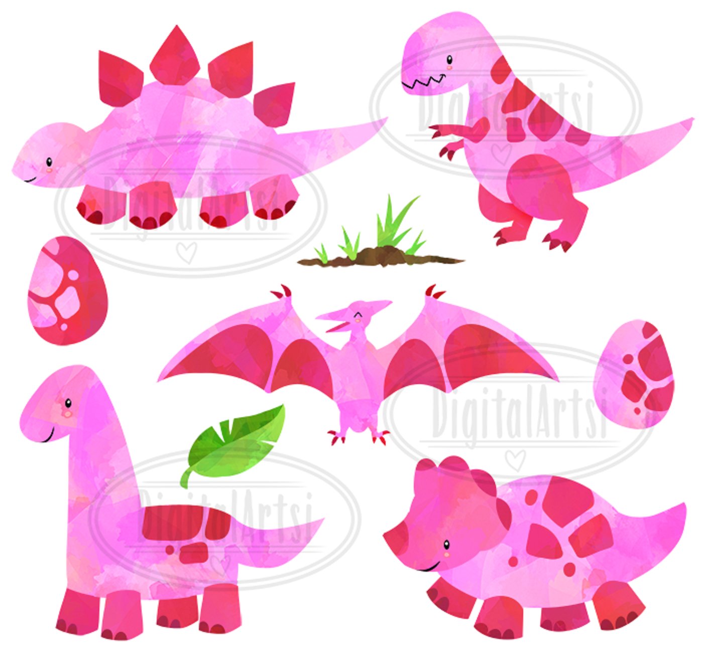 Watercolor Pink Dinosaurs Clipart (182118) | Illustrations | Design Bundles