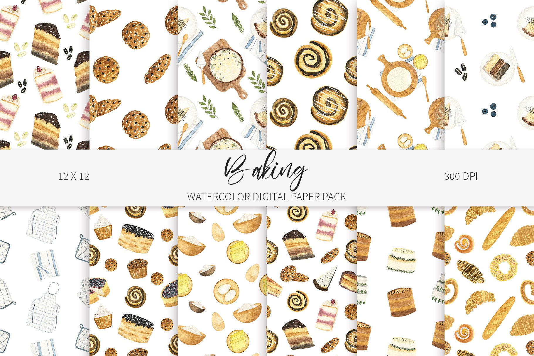 Watercolor baking digital paper pack (1335321) | Patterns | Design Bundles