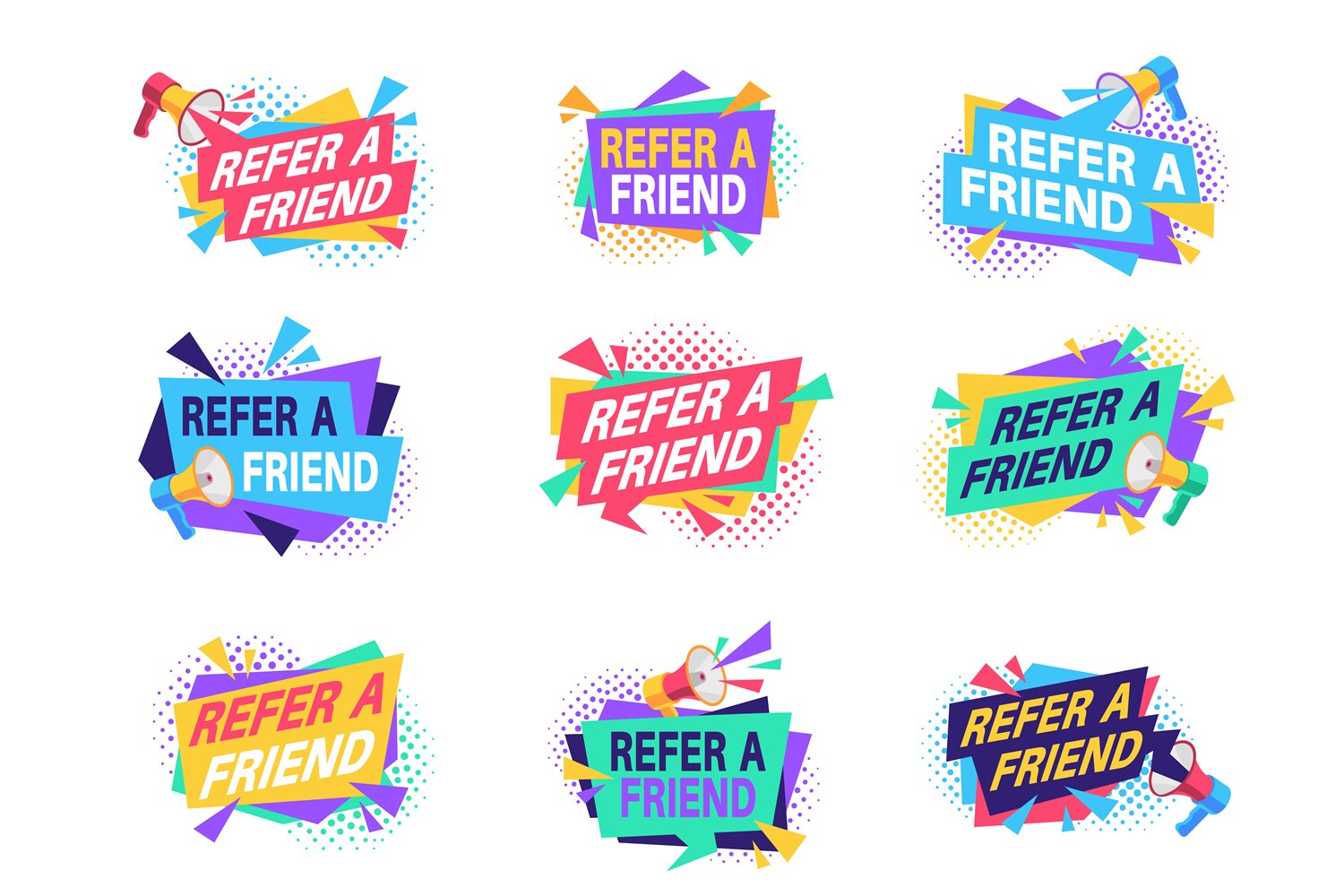 Refer friend badges. Referral program labels with loudspeake (817078 ...