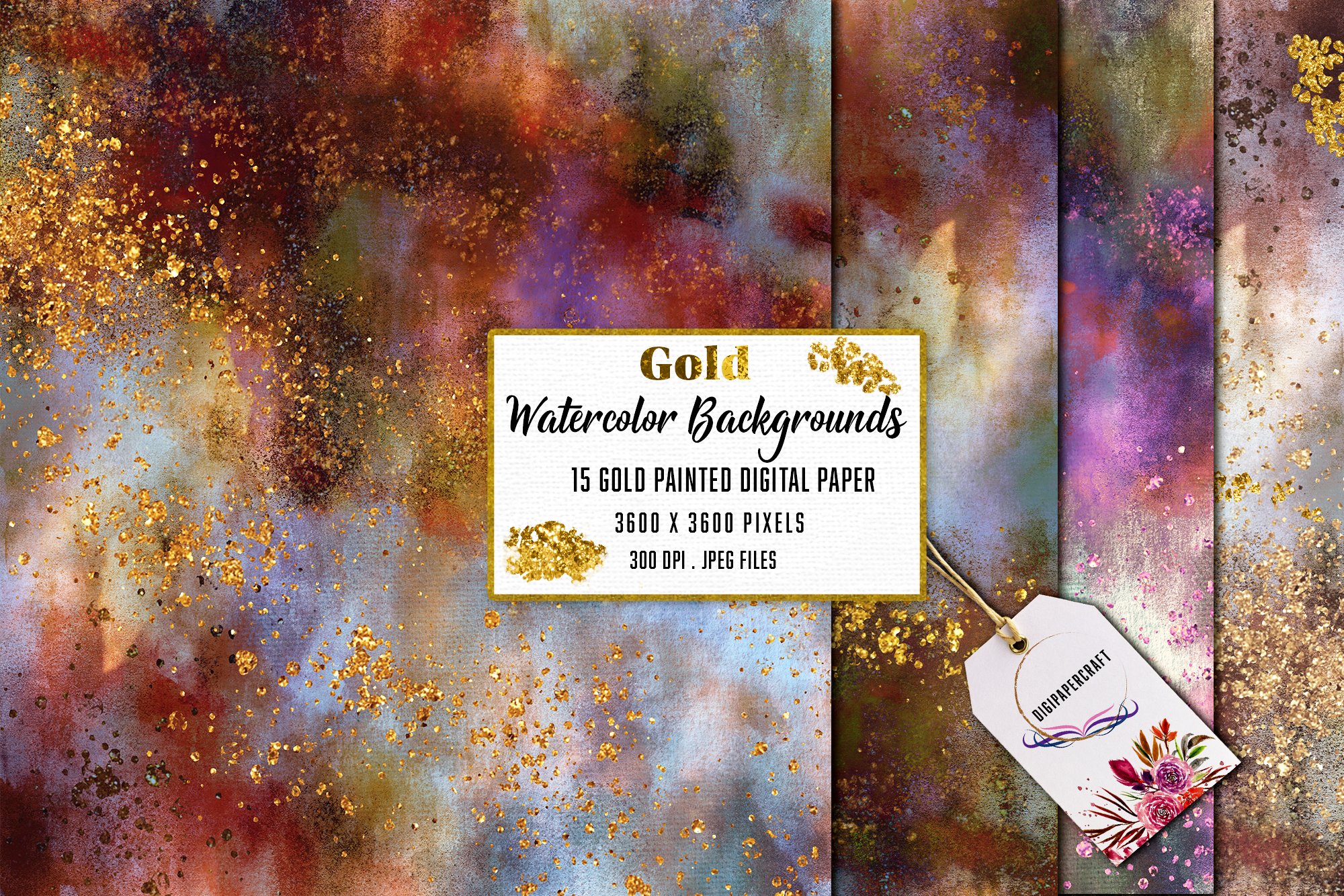 Colorful Gold Watercolor Digital Backgrounds, Ink splash art (708678 ...