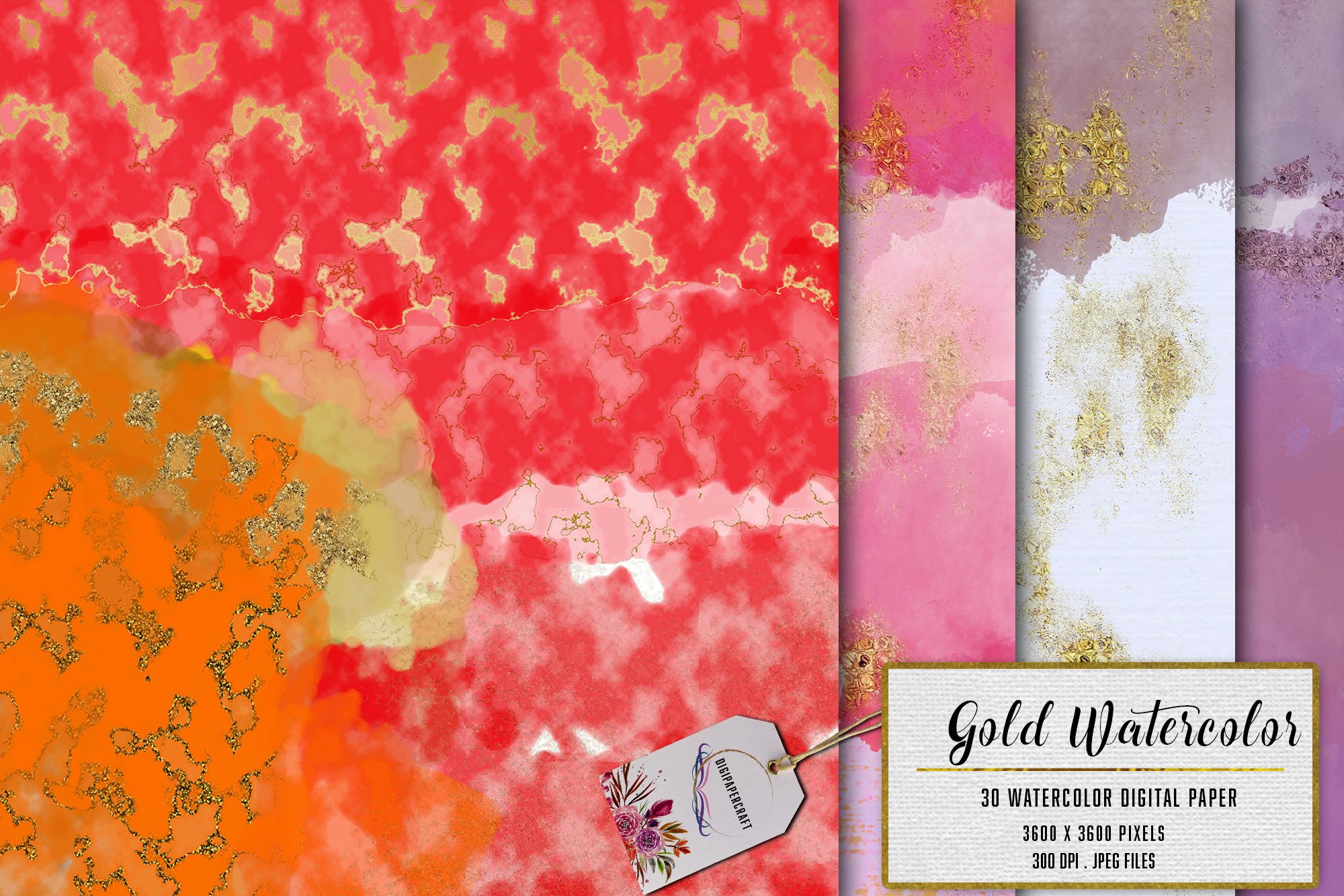 Gold & Watercolor Background Bundle, Vintage painted set. (609121 ...