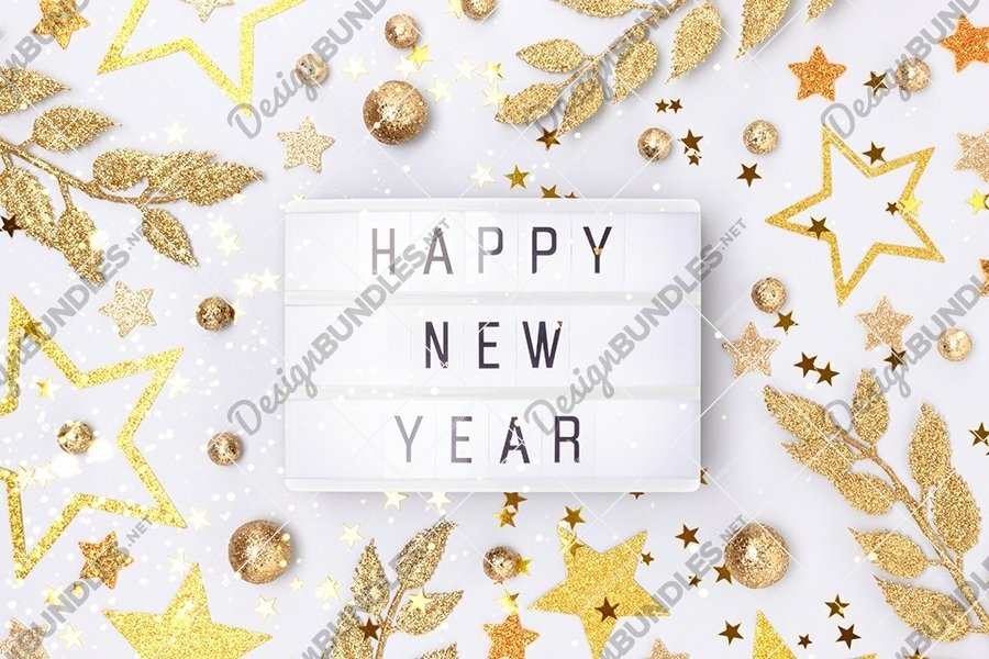 Happy New Year. Lightbox and golden decorations (1715104) | Holiday ...
