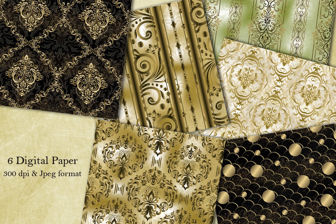 Seamless Damask Patterns. Black and Gold Digital Paper. (962620 ...