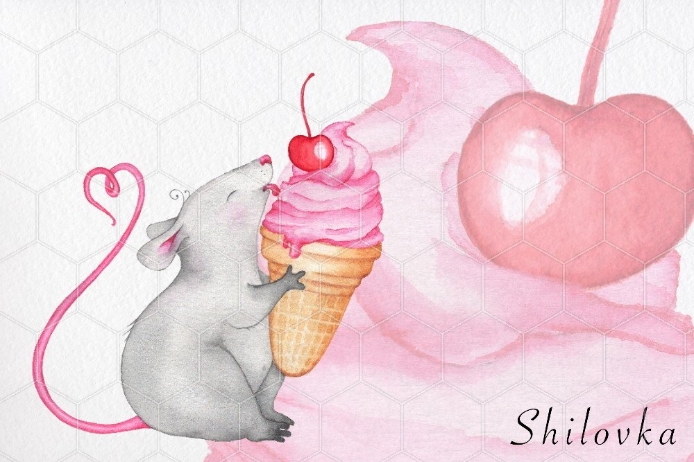 Cute mouse and ice cream. Watercolor illustration (491436 ...