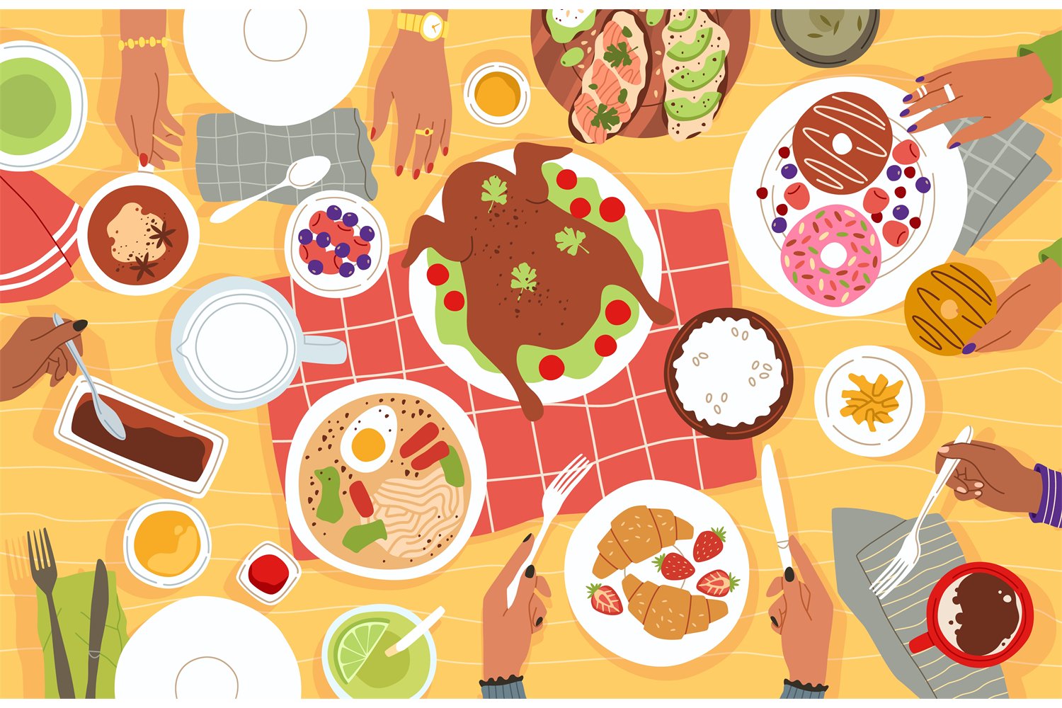 Lunch top view. Cartoon people having dinner at home or in r (1297261 ...