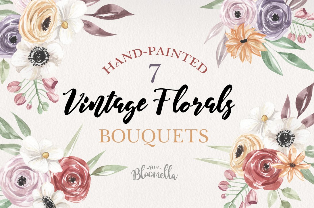 Vintage Floral 7 Bouquets Watercolor Mustard Florals Red