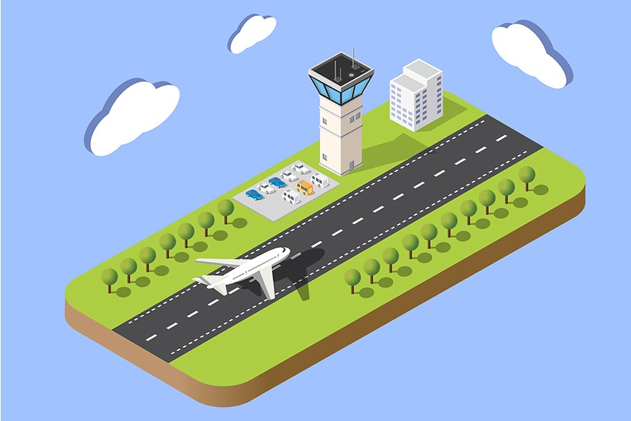 Isometric map of the city airport (241902) | Illustrations | Design Bundles