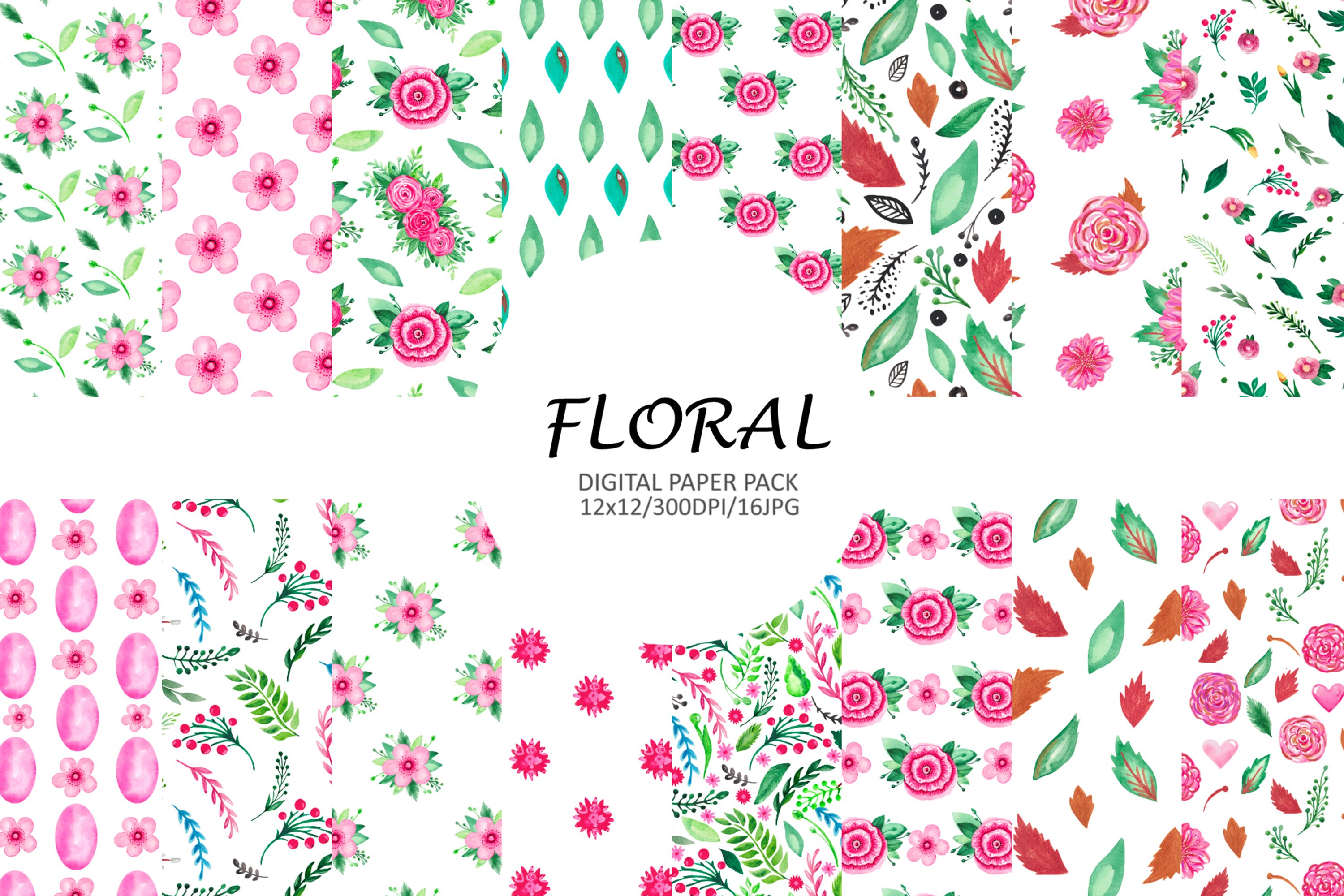 Watercolor floral digital paper pack (1086660) | Papers | Design Bundles