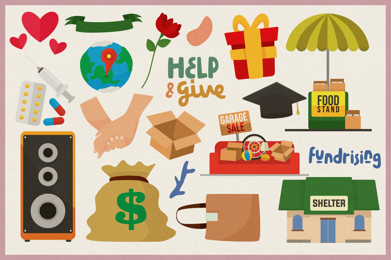 Charity & Donation Vector Clipart and Seamless Pattern