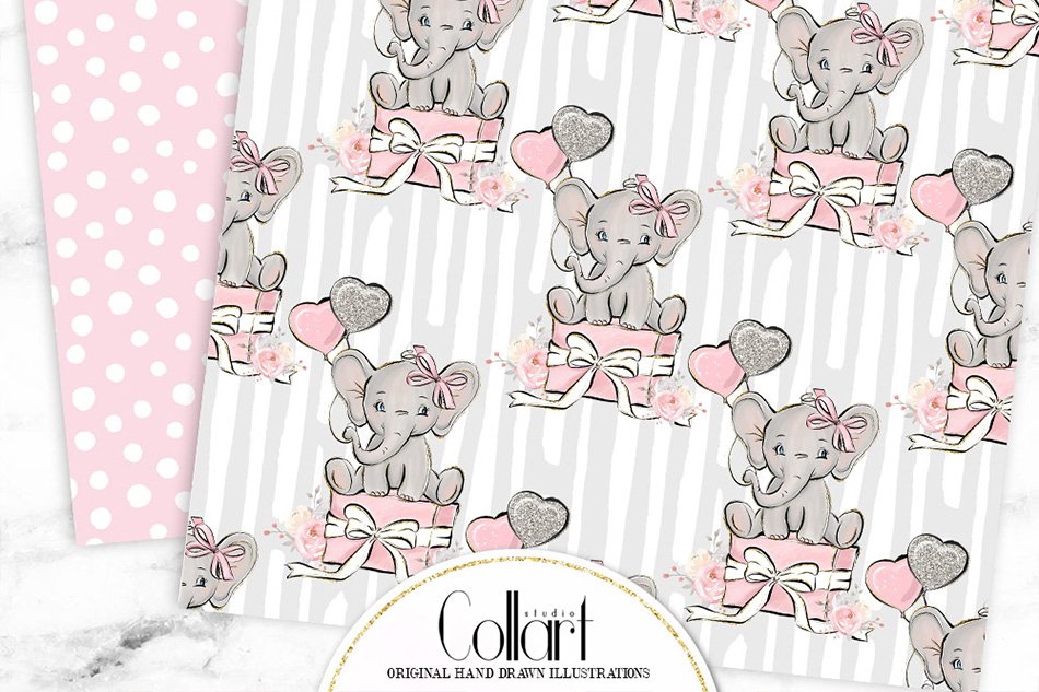 Elephant digital paper, baby girl papers, seamless patterns (231219 ...